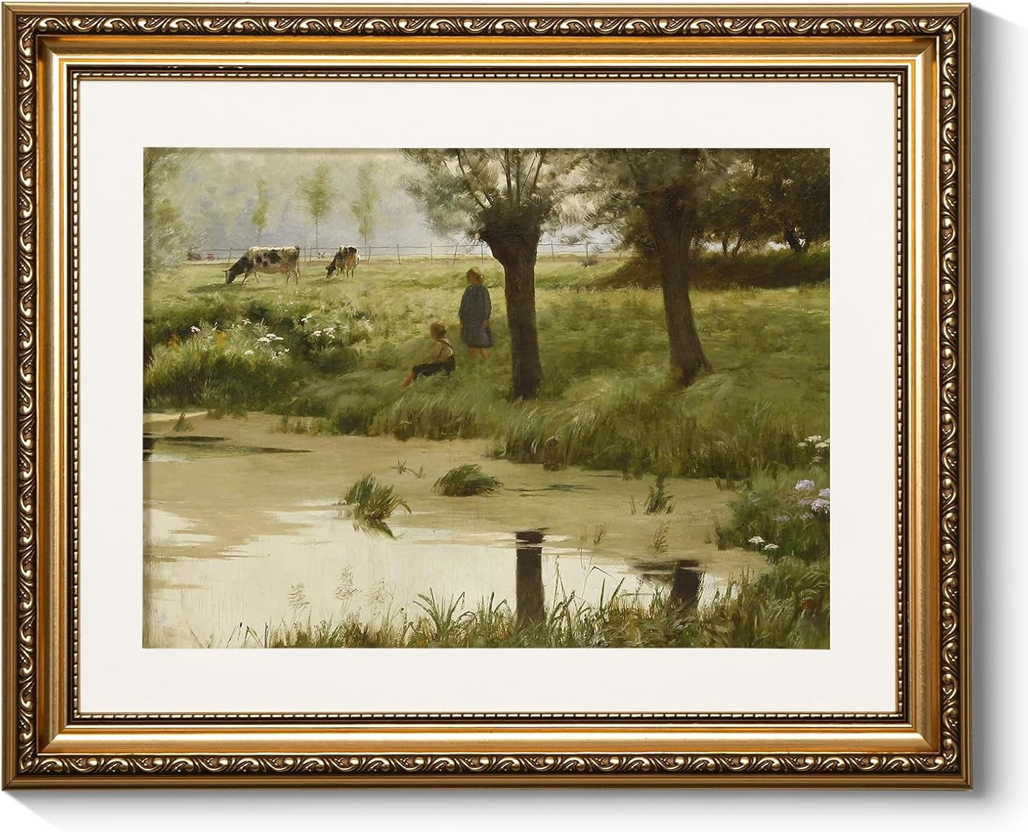 AEFER Vintage Gold Unframed Wall Art, Retro Pond River Scene Paintings ...