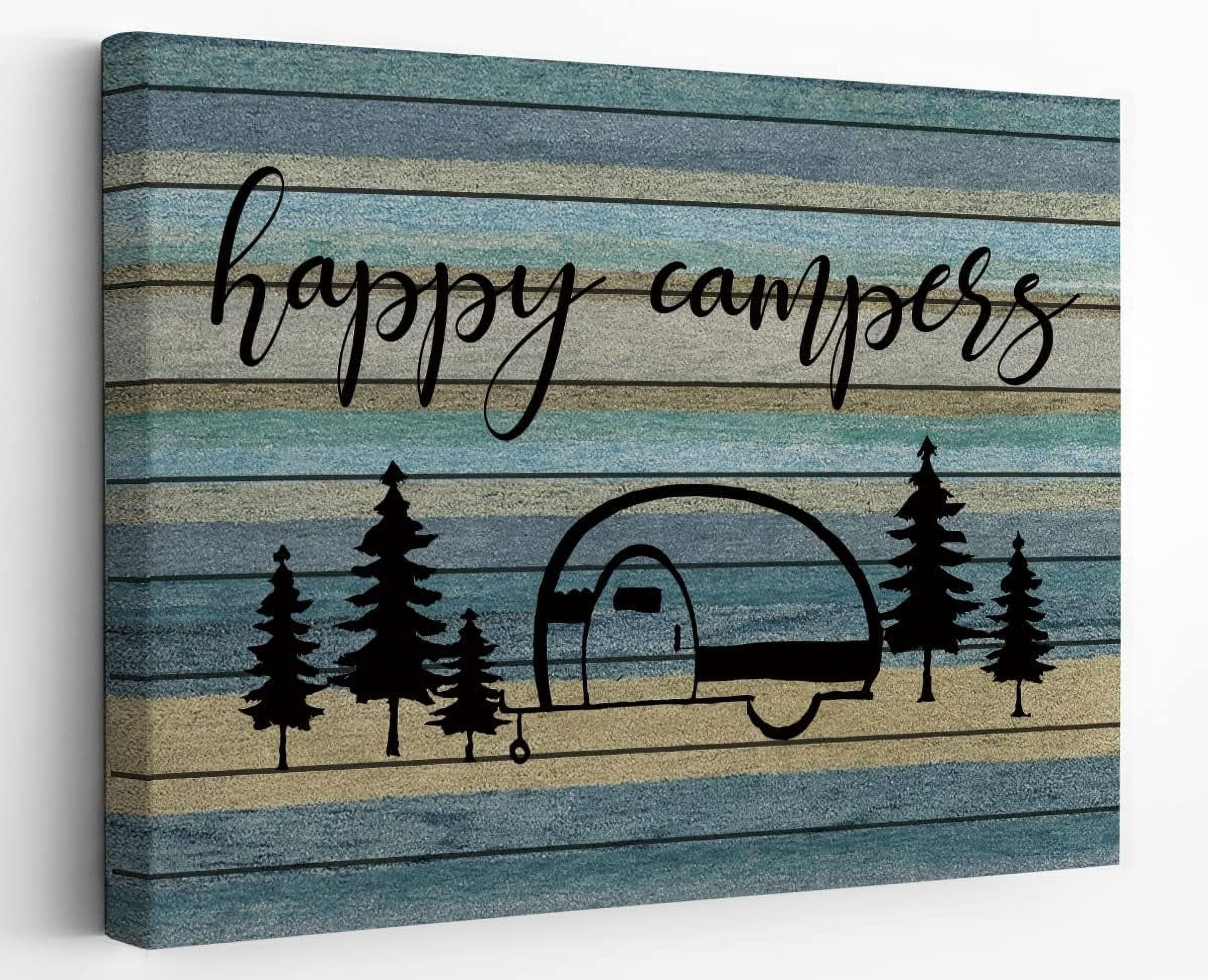 AEFER Vintage Happy Campers Wood Grain Wall Art Canvas Farmhouse Camper ...