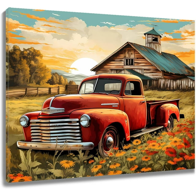AEFER Vintage Red Truck Wall Art Farmhouse Old Barn Sunset with Yellow ...