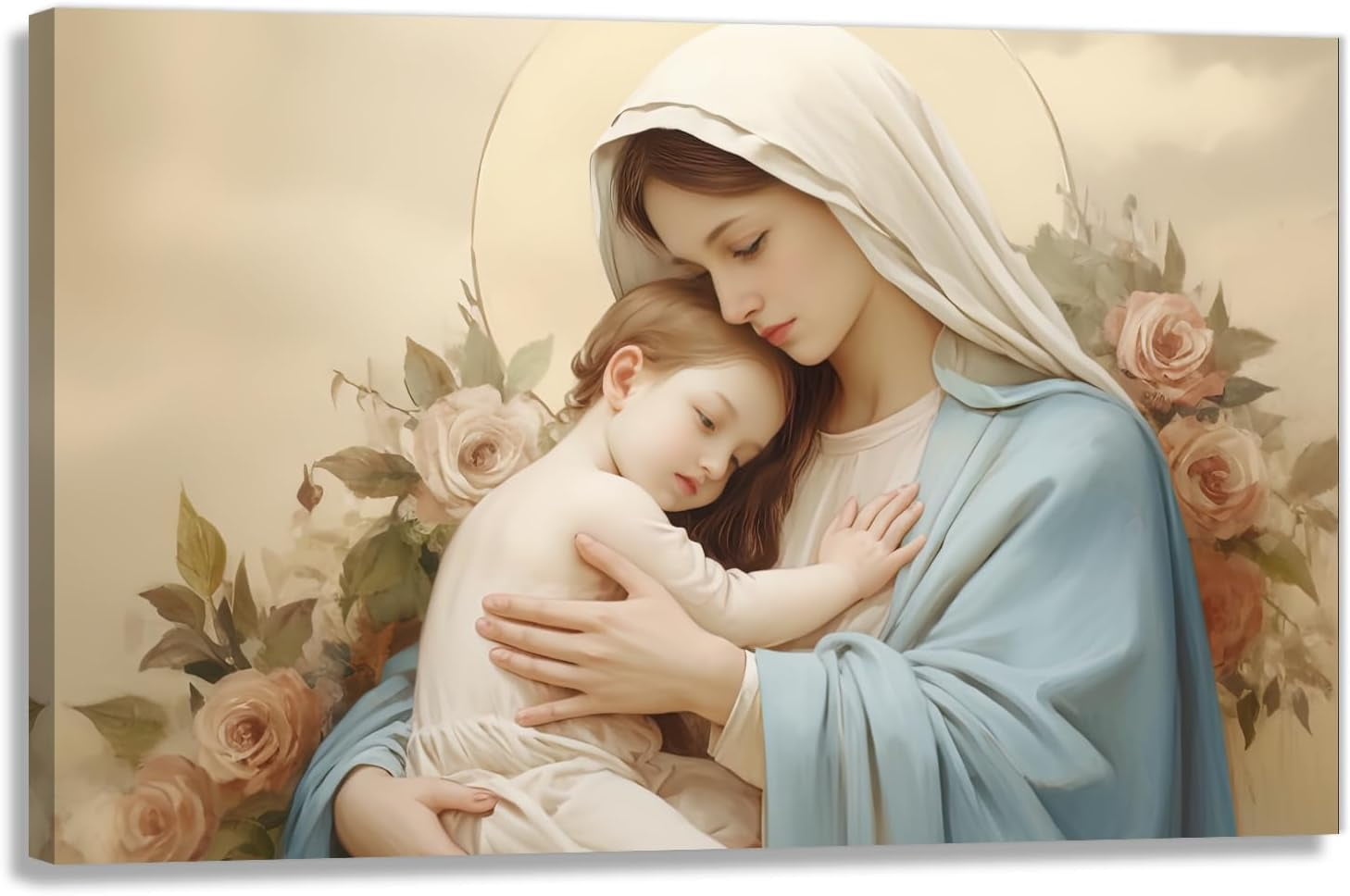 AEFER Virgin Mary Canvas Wall Art Baby Jesus Nestled In Virgin Mary ...