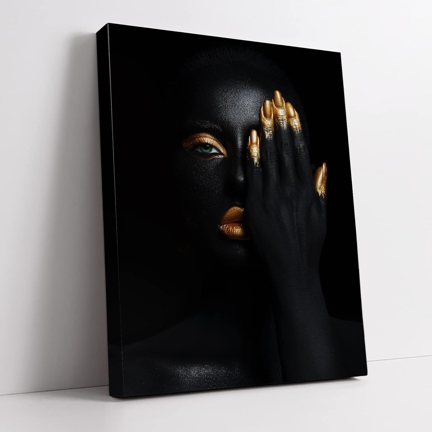 AEFER Wall Art Canvas Painting, Golden Makeup Woman Portrait Artwork African American Wall Art ...