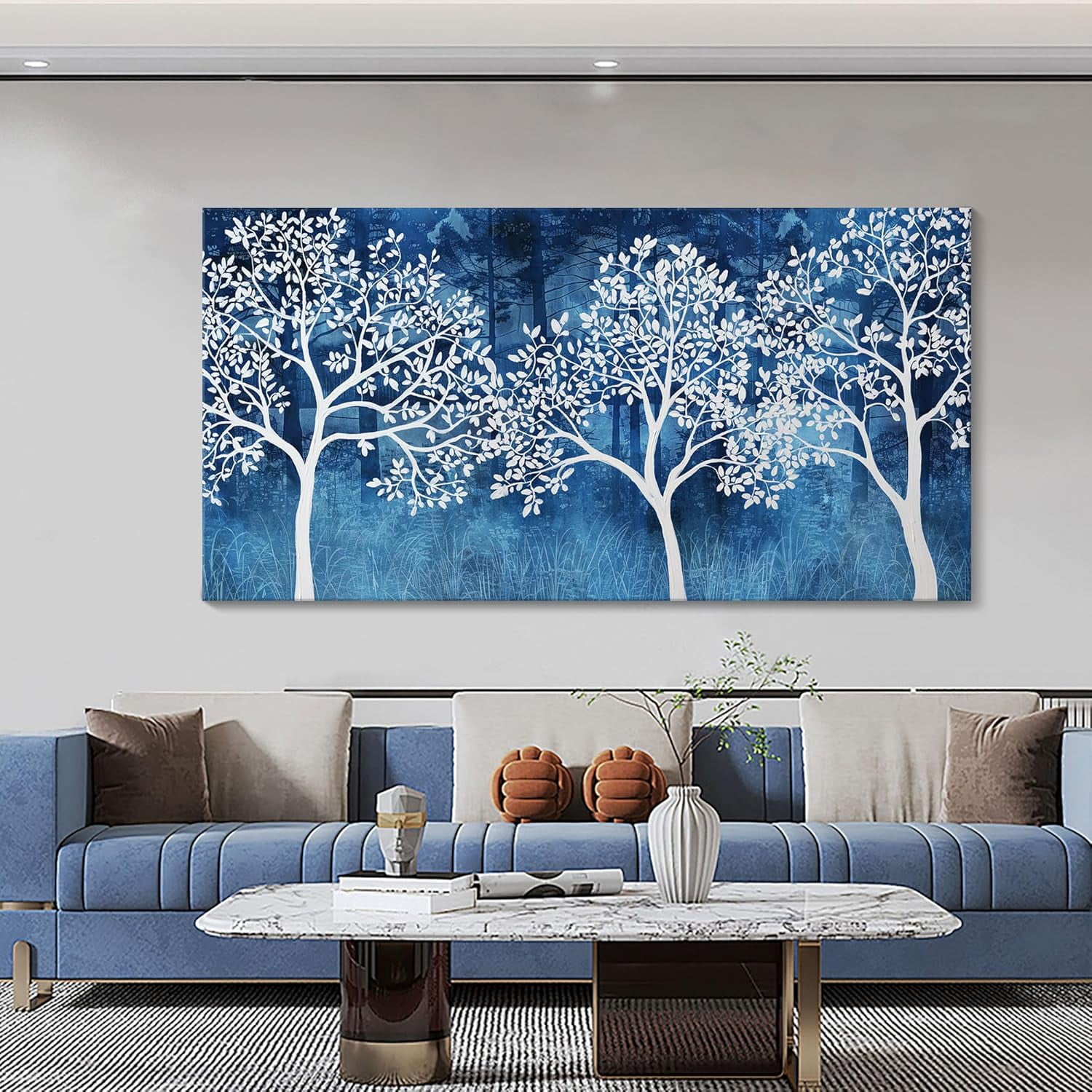 AEFER Wall Art Living Room - Abstract Blue and White Tree Forest Rustic ...