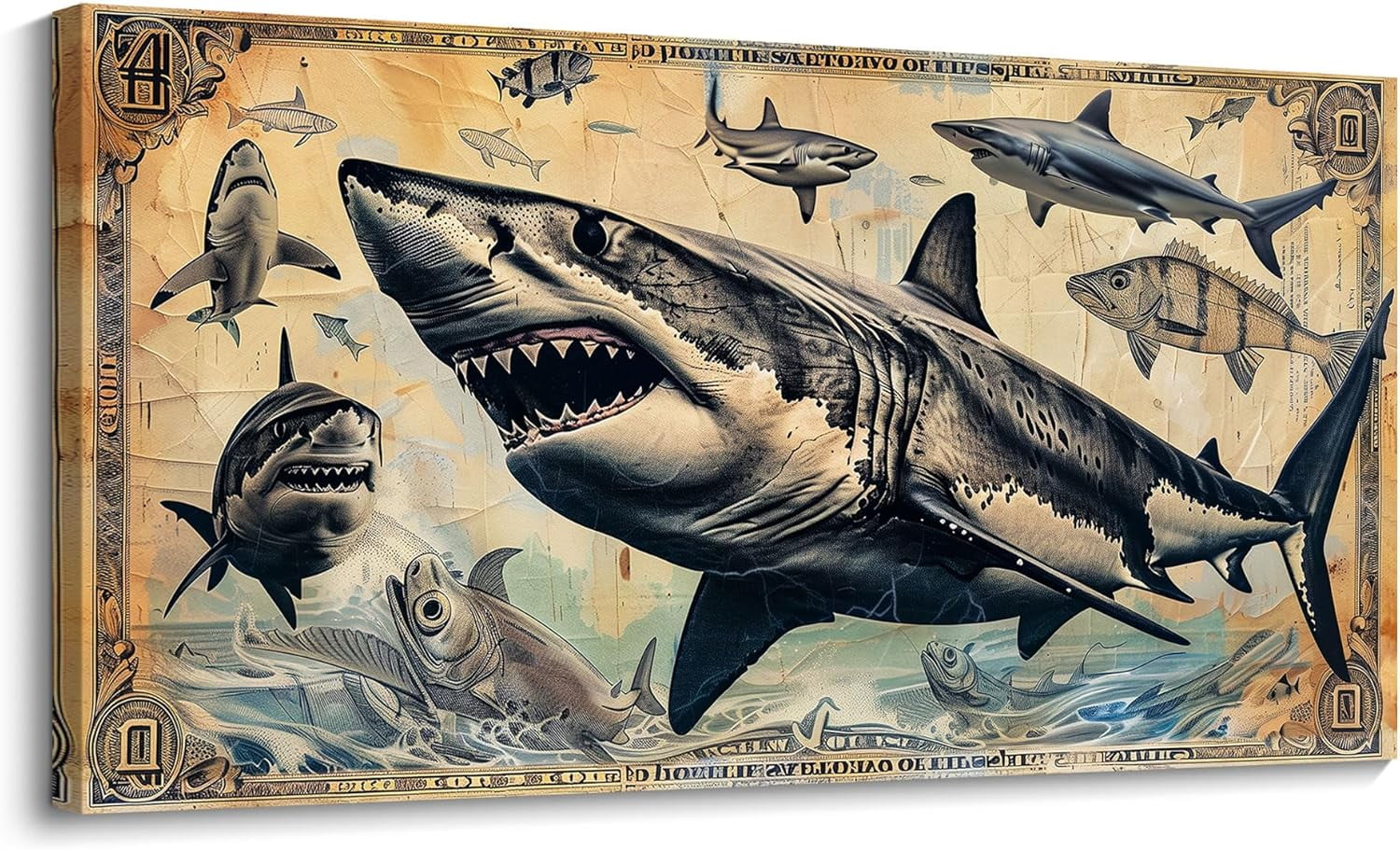 AEFER Wall Art for Living Room, Vintage Dollar Background Cool Shark ...