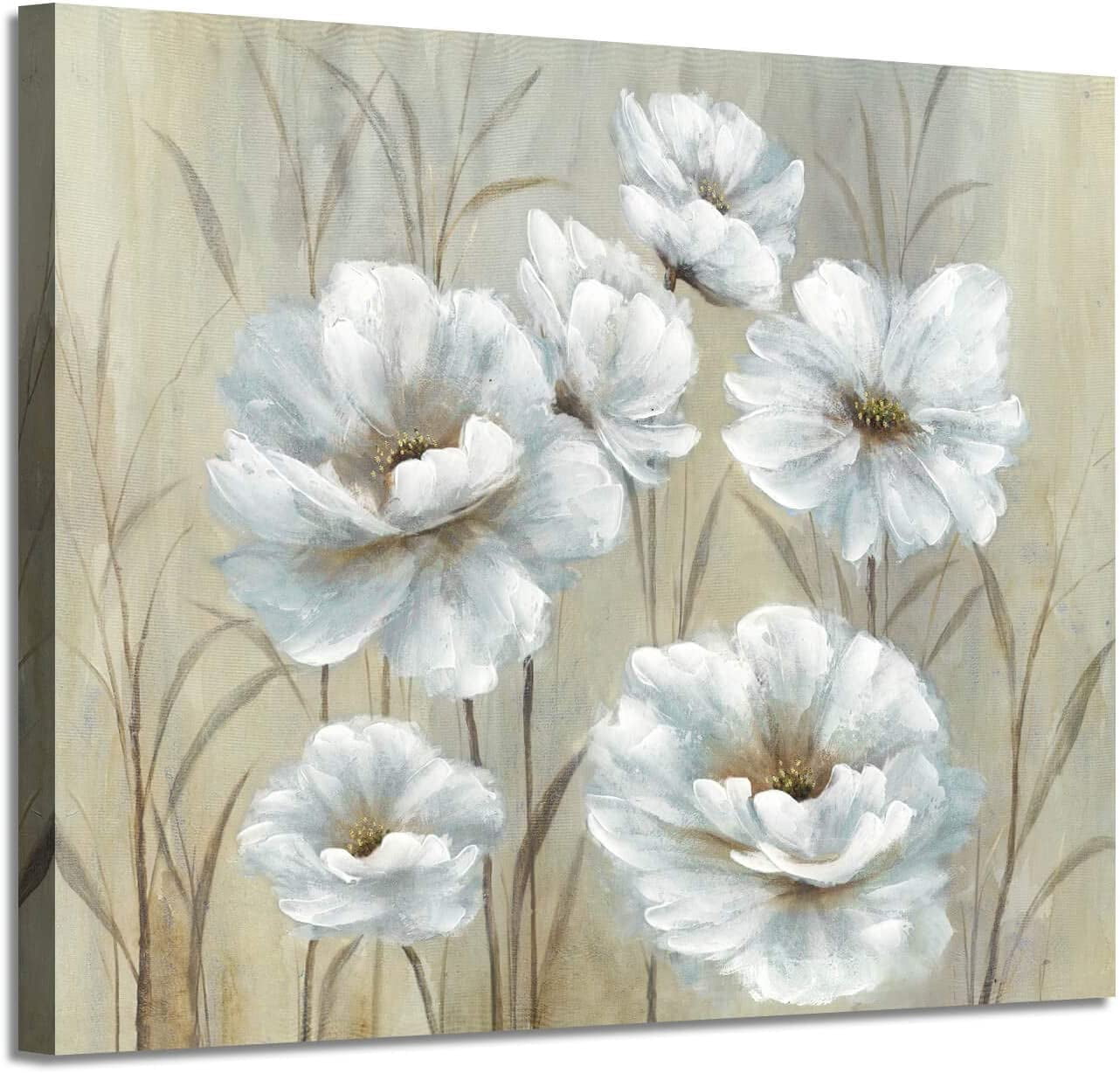 AEFER White Floral Painting Wall Art: Yellowish Peony Artwork Flowers ...