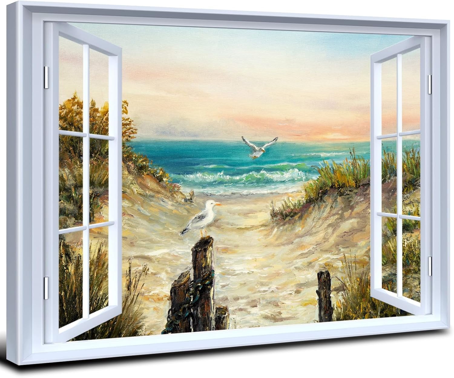 AEFER White Window Beach Wall Art Ocean Landscape Wall Decor Coastal ...
