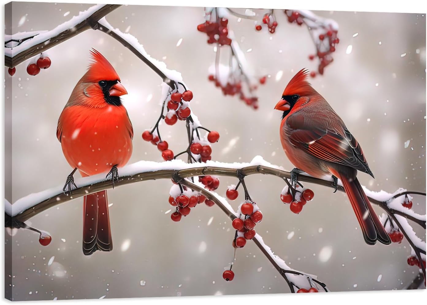 AEFER Winter Cardinal Canvas Wall Art, Red Cardinals on the Branches with Berries Painting Print ...