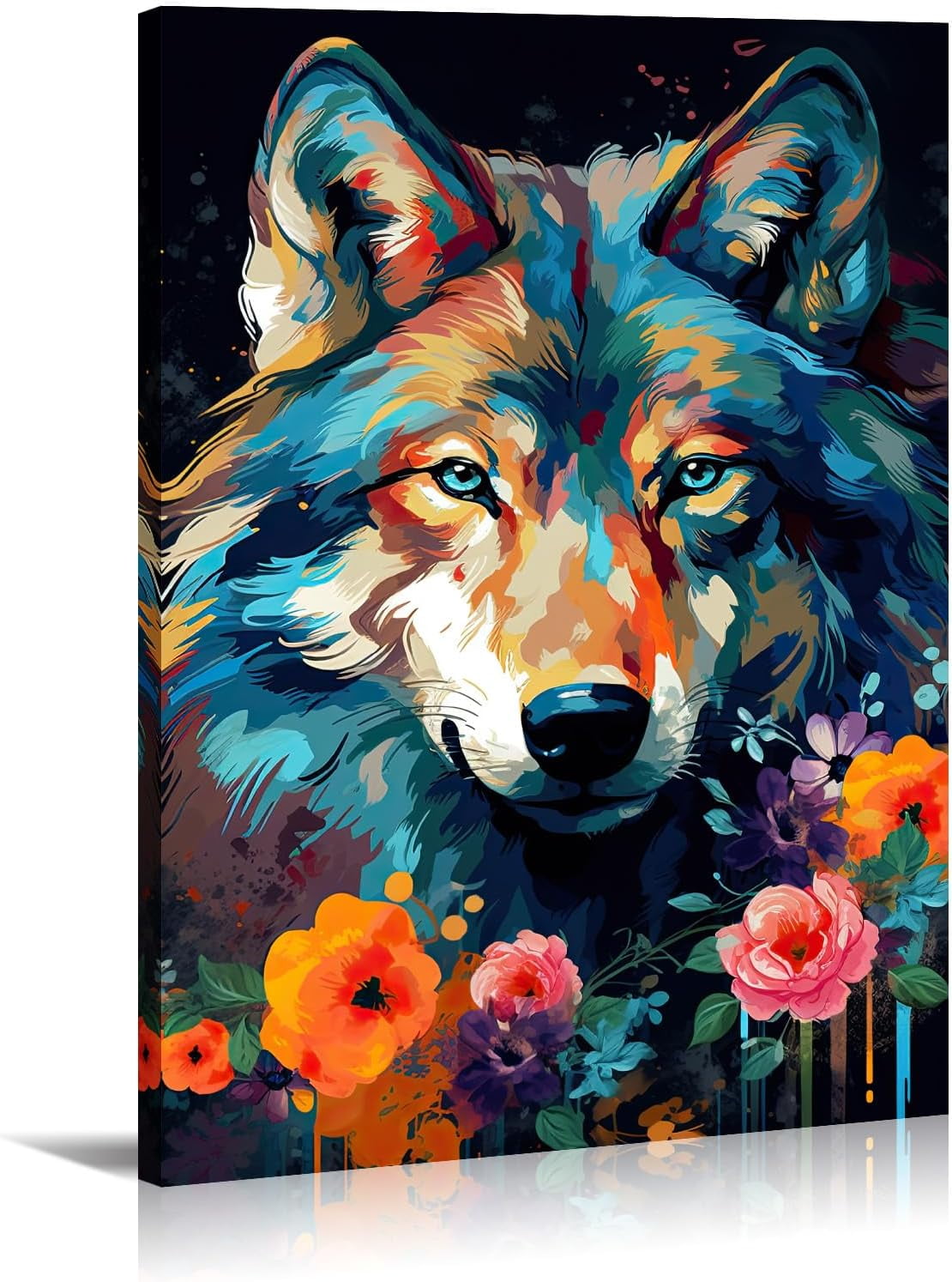 AEFER Wolf Canvas Art Jungle Wildlife Wall Decor Wolf with Flowers ...