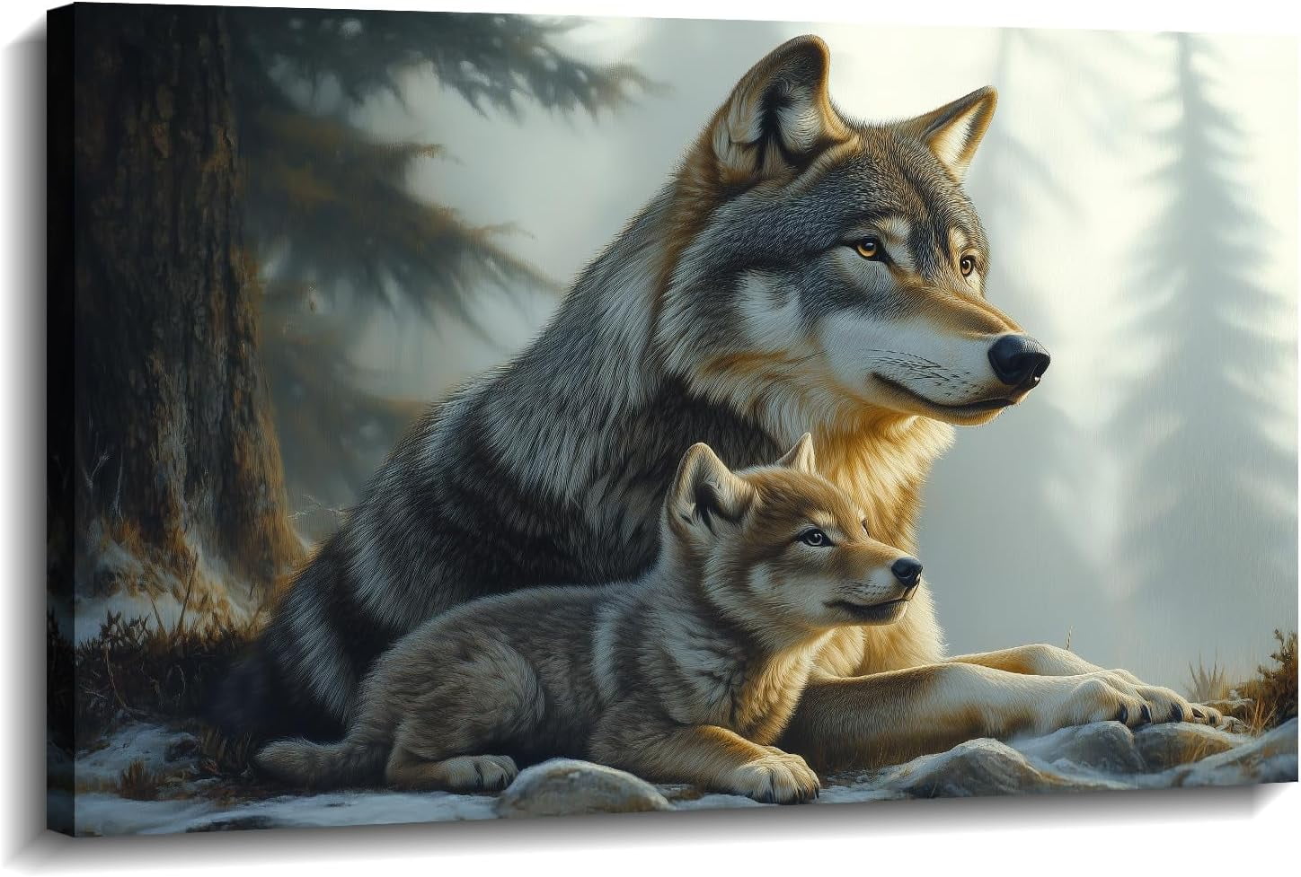 AEFER Wolf Canvas Wall Art Wildlife Print Wolf wirh Cub in Forest ...