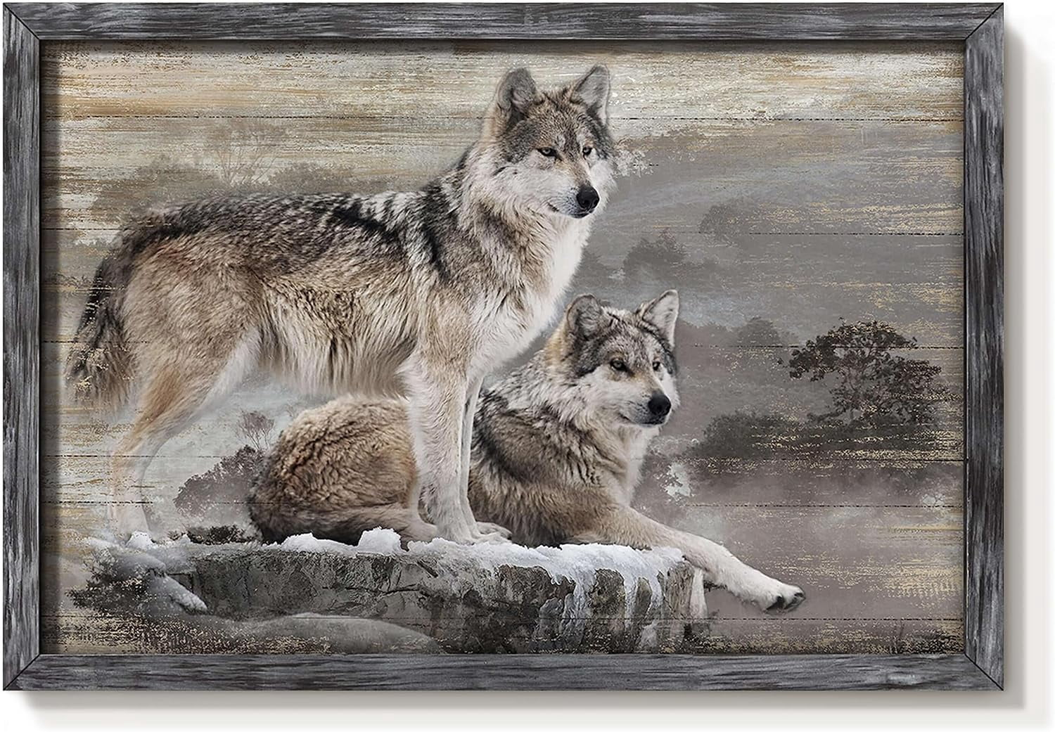 AEFER Wolf Unframed Wall Art Decor: Western Farm Wooden Painting Wild ...