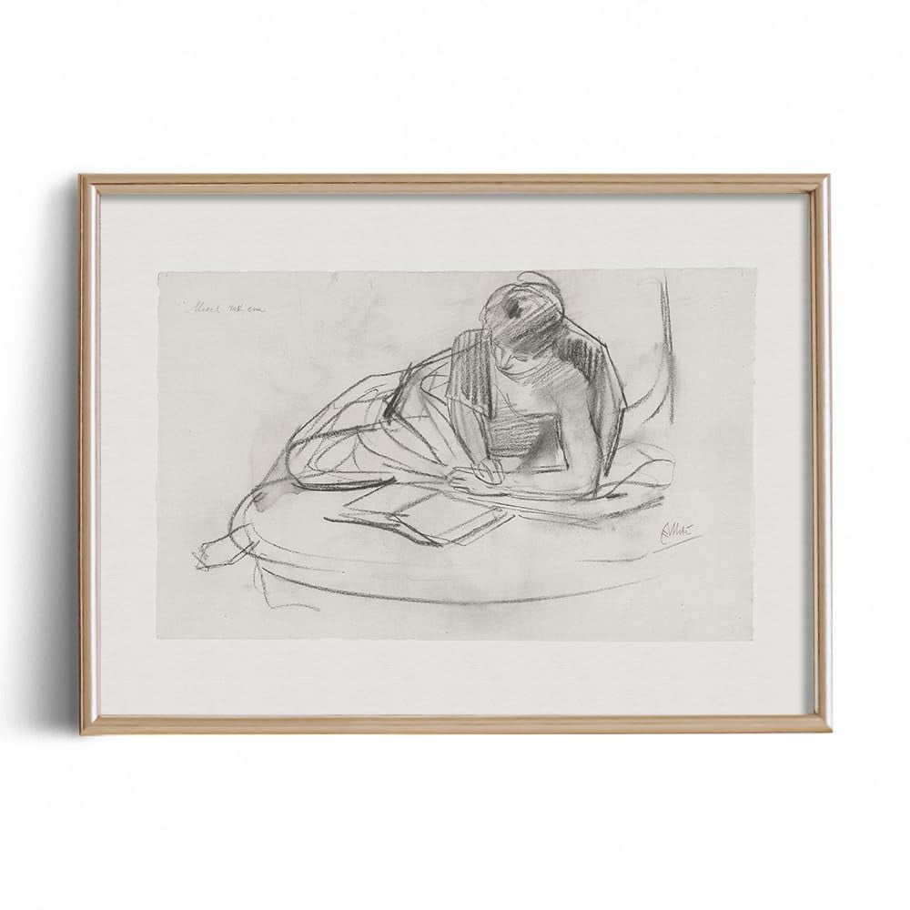 AEFER Women Reader Lady Drawing Etching Rustic Gray Picture - Girl ...