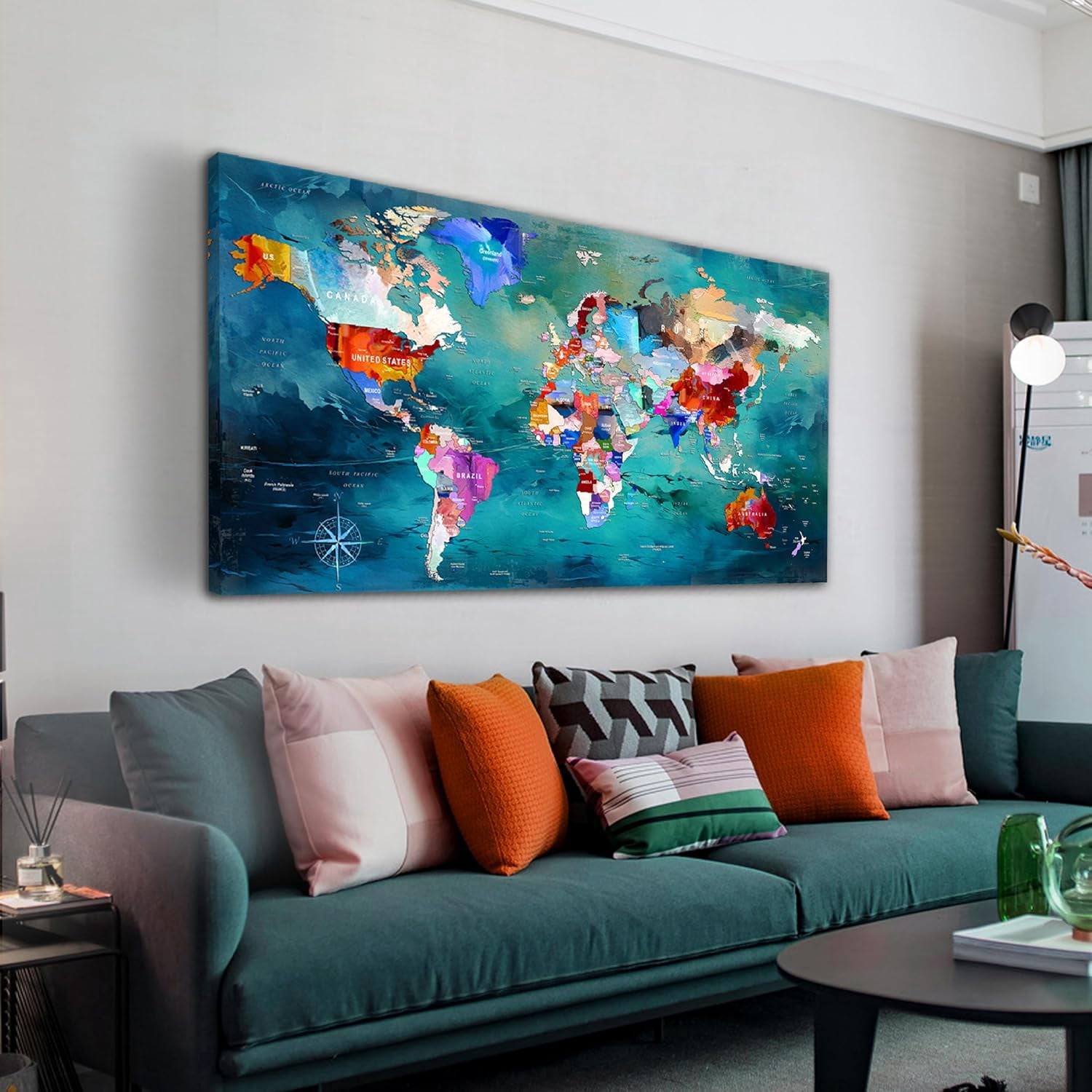 AEFER World Map Canvas Wall Art for Living Room - Teal Wall Decor ...