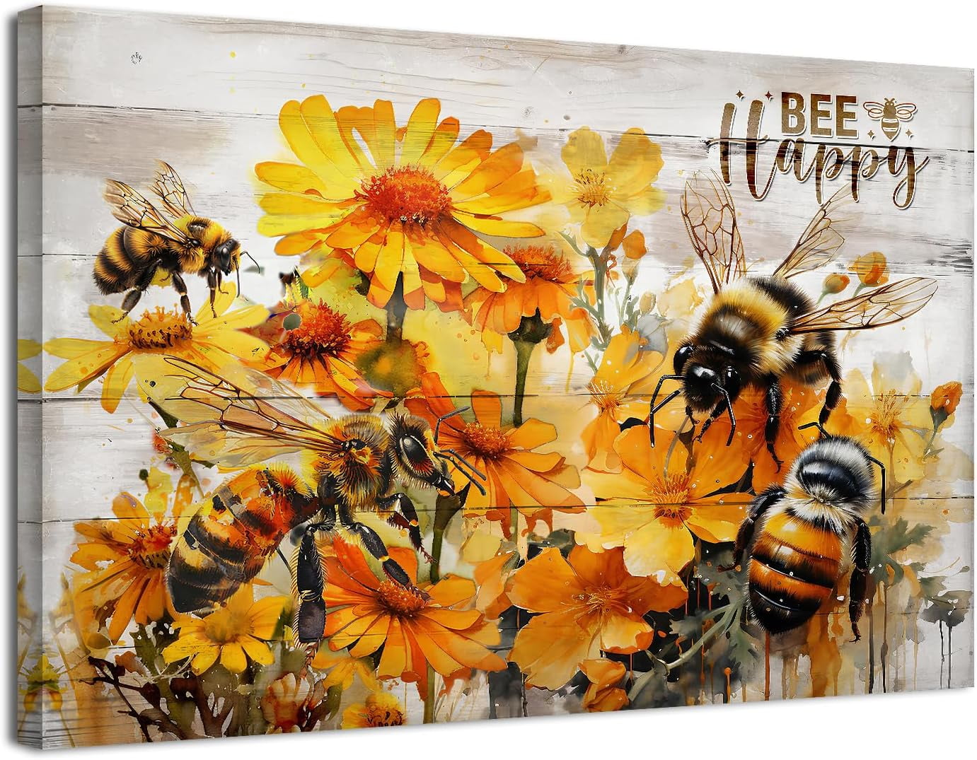 AEFER Yellow Daisy Wall Art Bee Wall Decor Bee Happy Sign Flower Kitchen Pictures Wall Decor ...