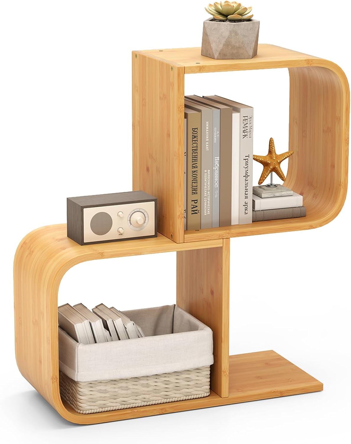 AEGFKD Bamboo Geometric Bookshelf, 2-Tier S-Shaped Bookcase w/Open ...