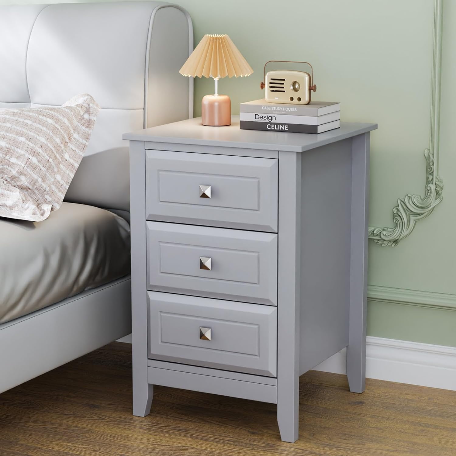 AEGFKD Gray Nightstand with 3 Drawers, Modern Night Stand for Bedroom ...
