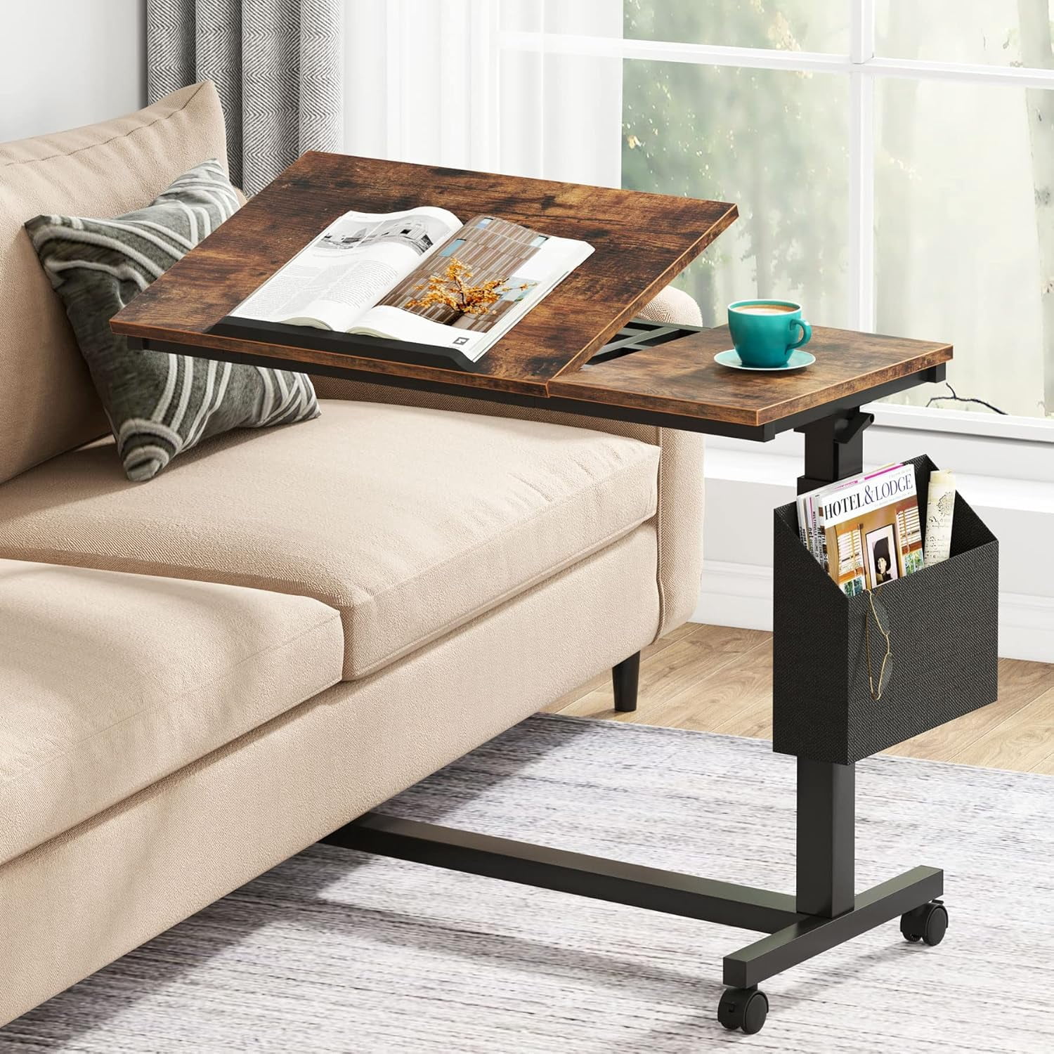 AEGFKD Height Adjustable C Shaped End Table with Wheels and Side Pocket ...