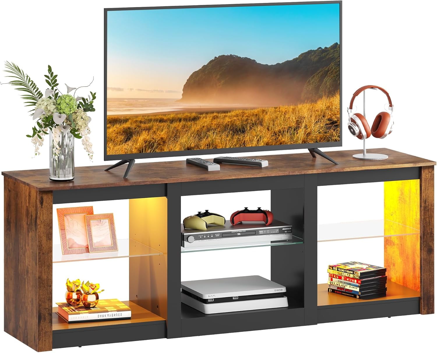 AEGFKD LED TV Stand for 58 Inch TV, Modern Entertainment Center with Adjustable Glass Shelves ...
