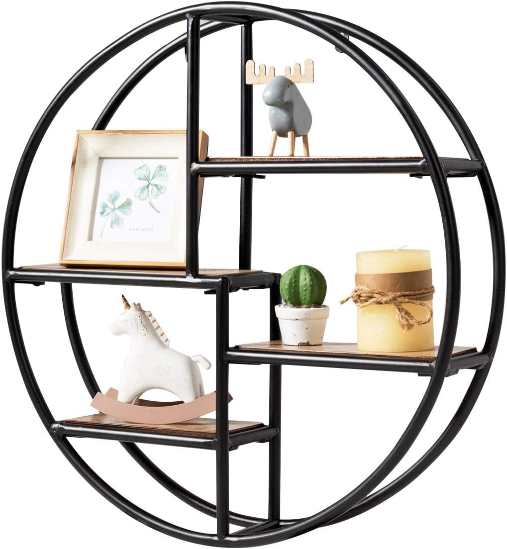 AEGFKD Round Wall Shelf, Wall-Mounted Circular Shelf, Wood & Iron Wall ...