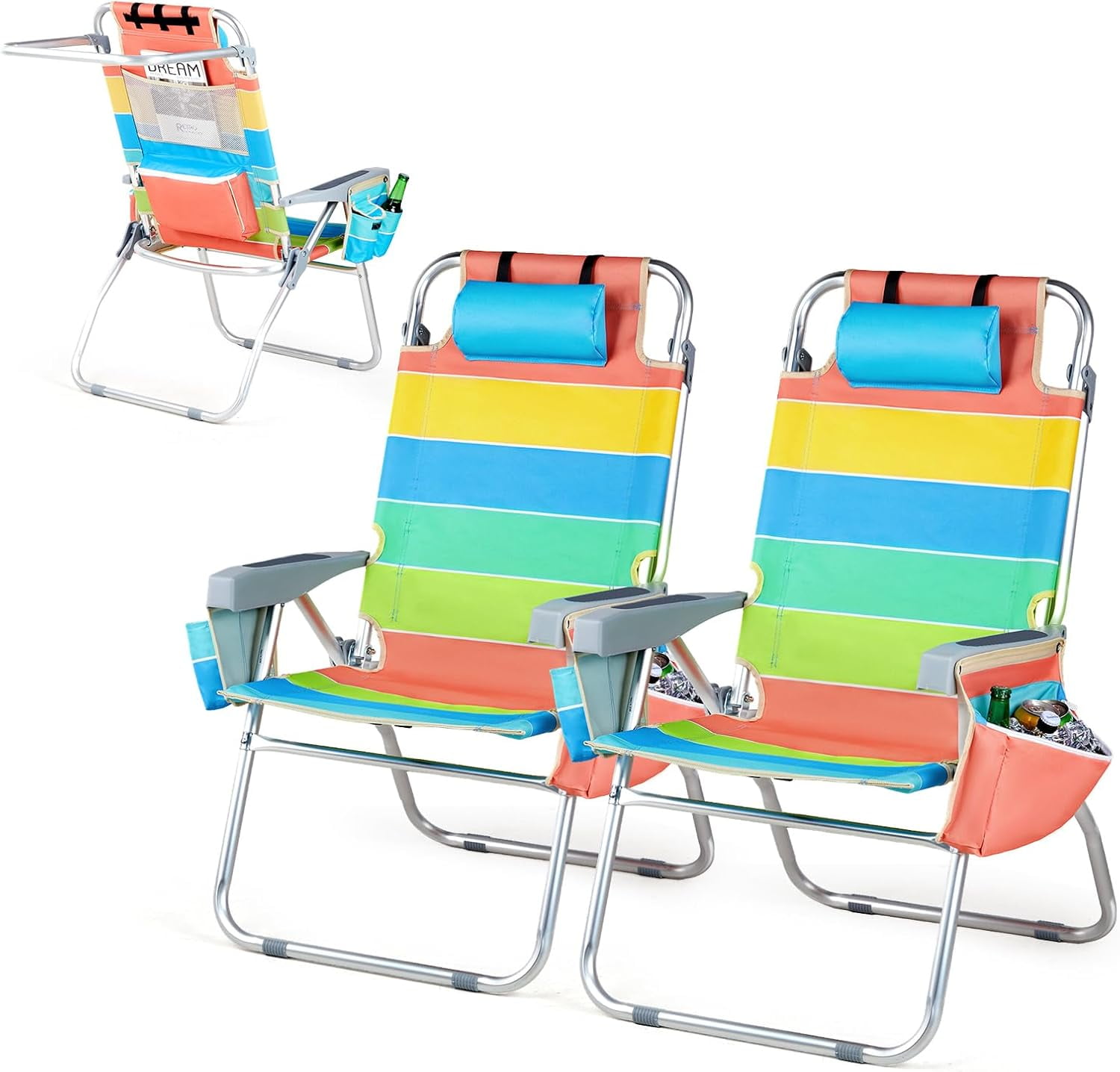 AEGFKD Tall Beach Chair 2 Pack, with 5-Position, Cooler Bag, Cup ...