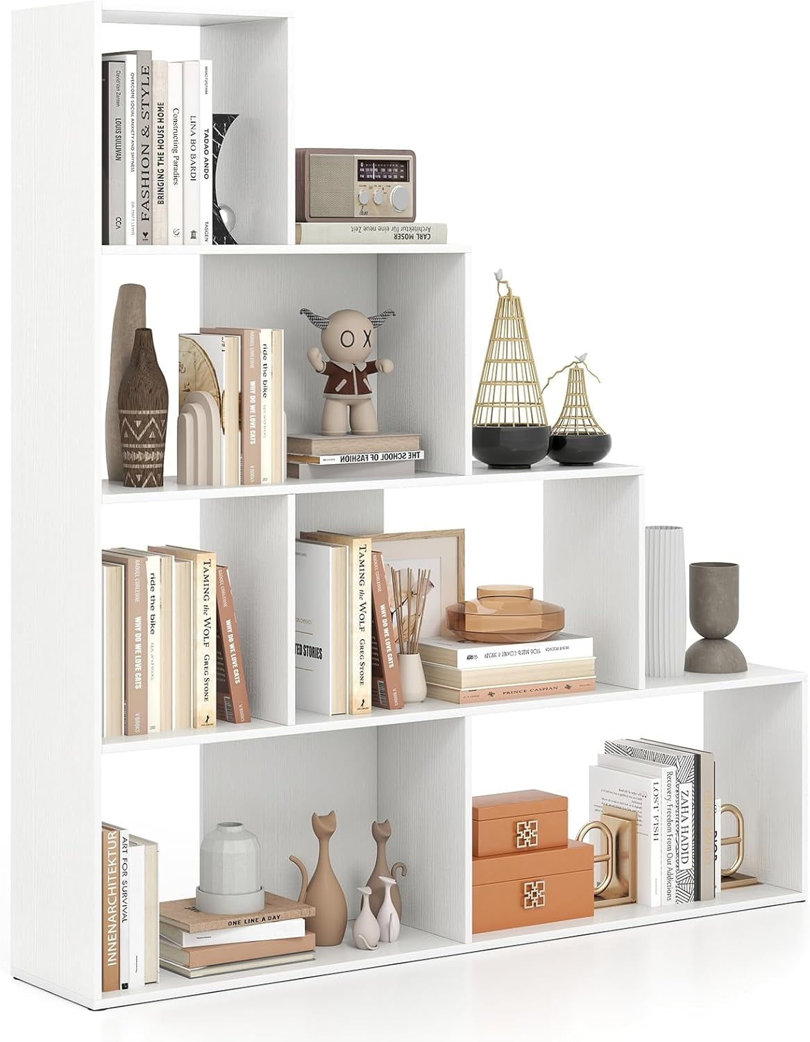AEGFKD4-Tier Stepped Bookshelf, Freestanding 6 Cubes Ladder Bookcase ...