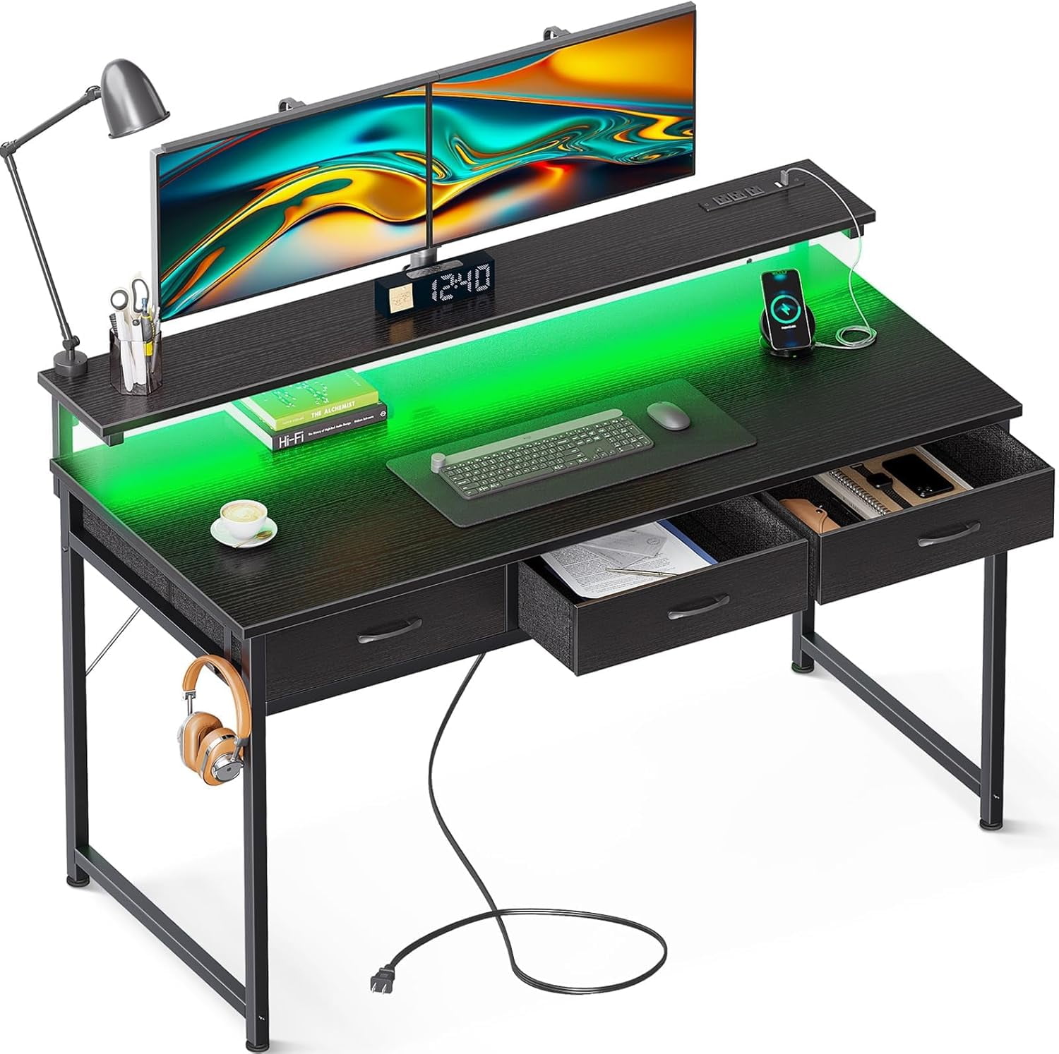 AEGFKD54 Inch Computer Desk with 3 Drawers and USB Power Outlets, Home ...