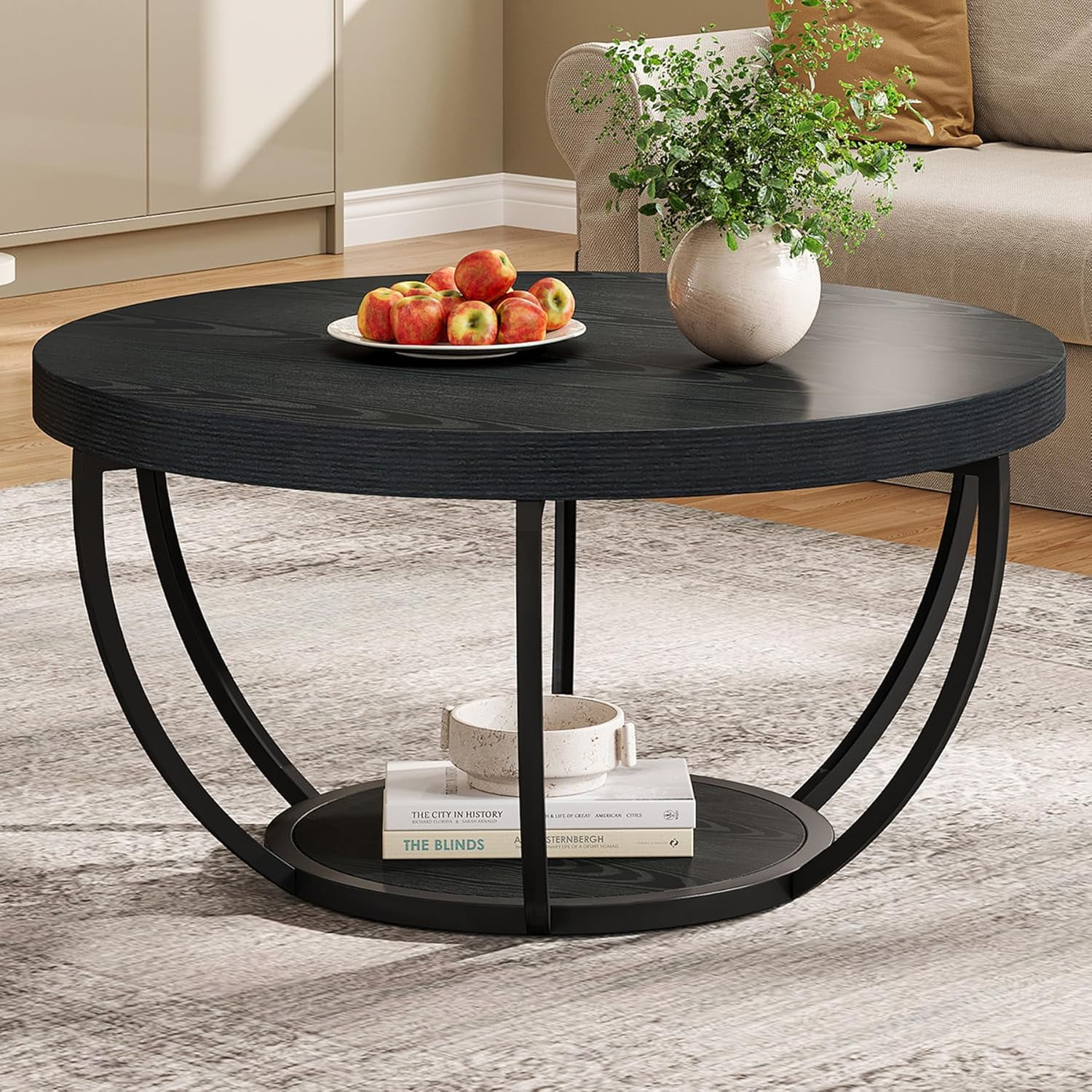 AEGFKDRound Coffee Table, 31.7" Black 2-Tier Circle Coffee Table with ...