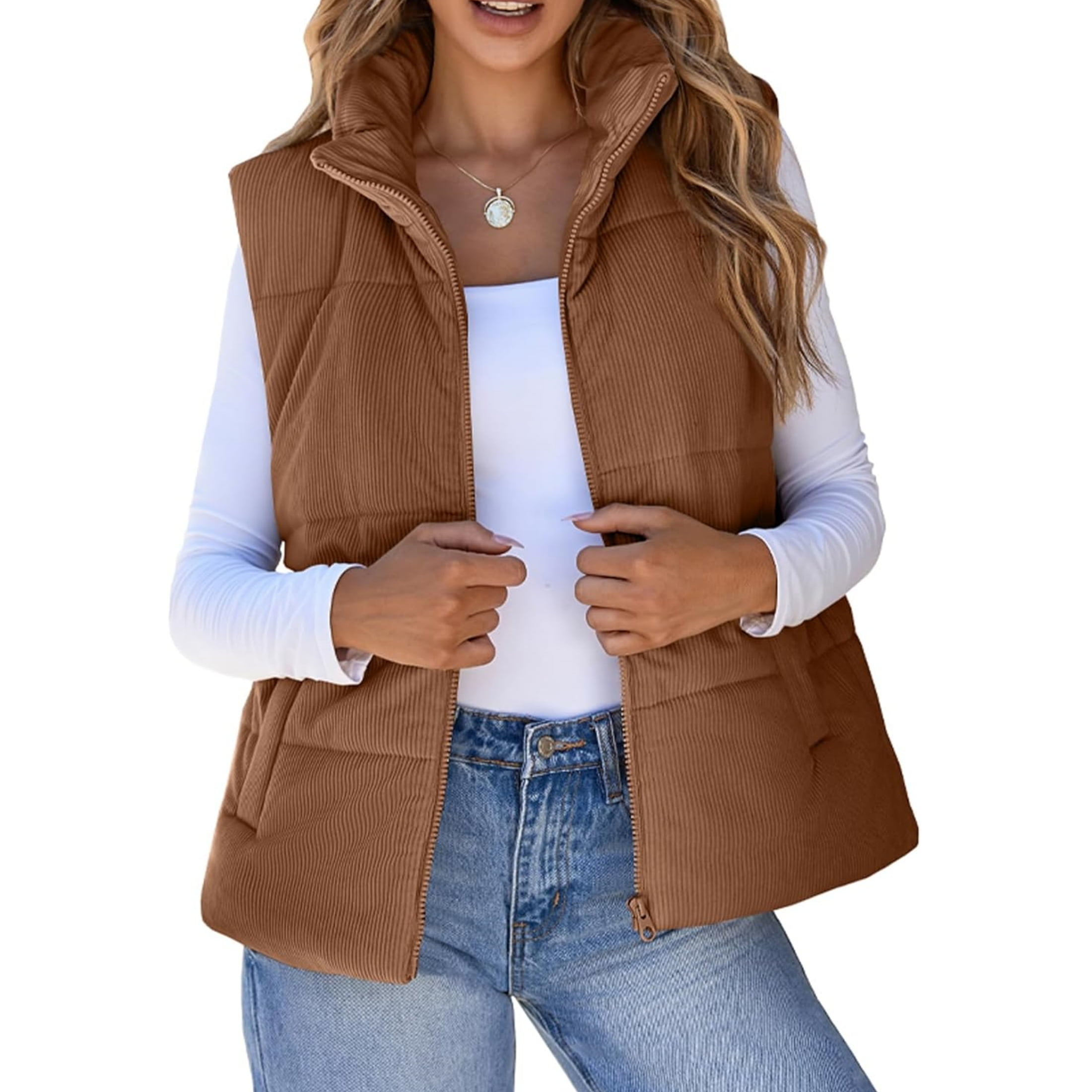 AELand Women's Corduroy Vests - Lightweight Padded Vest , Sleeveless Puffer Vest with Pockets ,L ...