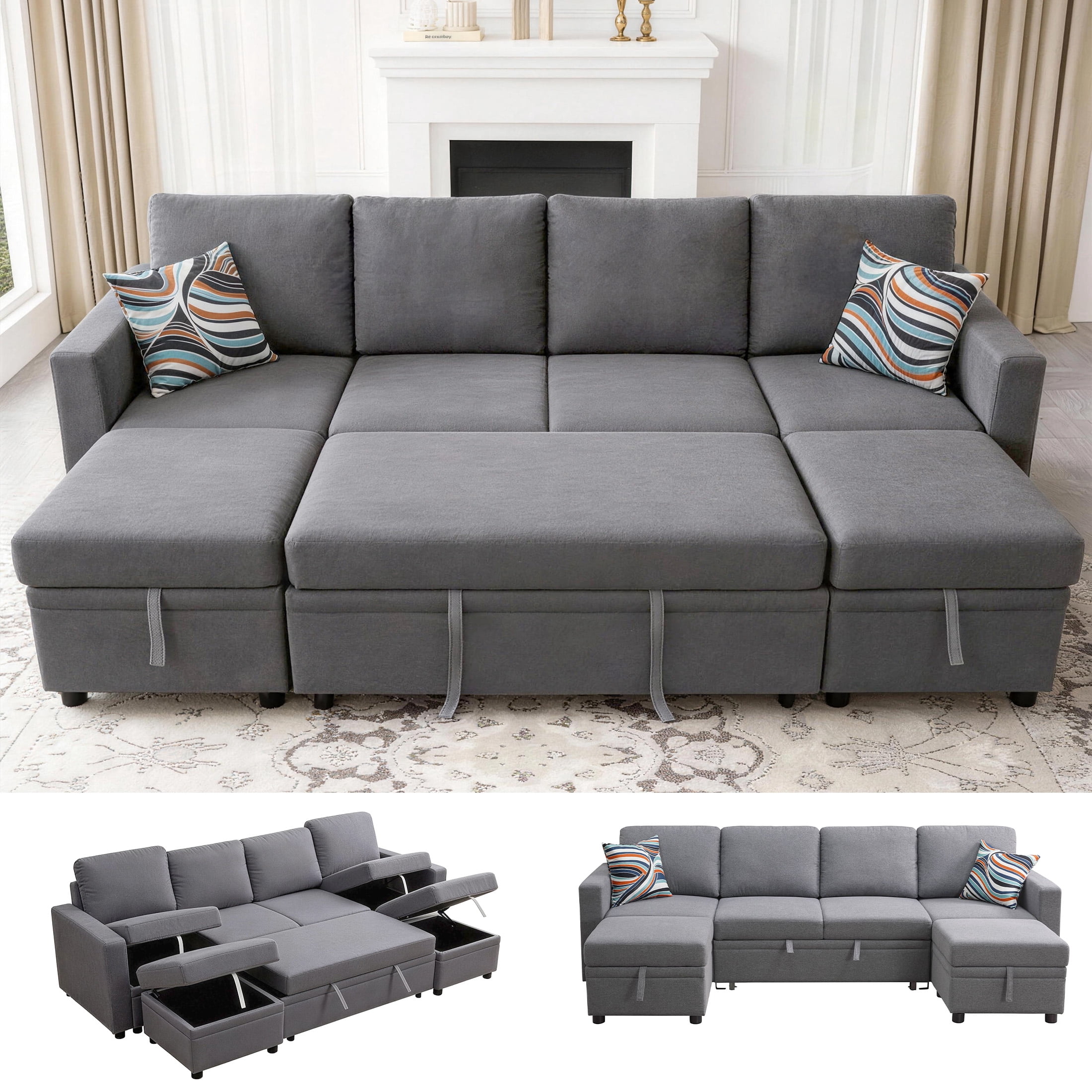 AENKYO 102'' U-Shaped Sectional Sofa Bed, Linen Pull Out Sleeper Couch ...