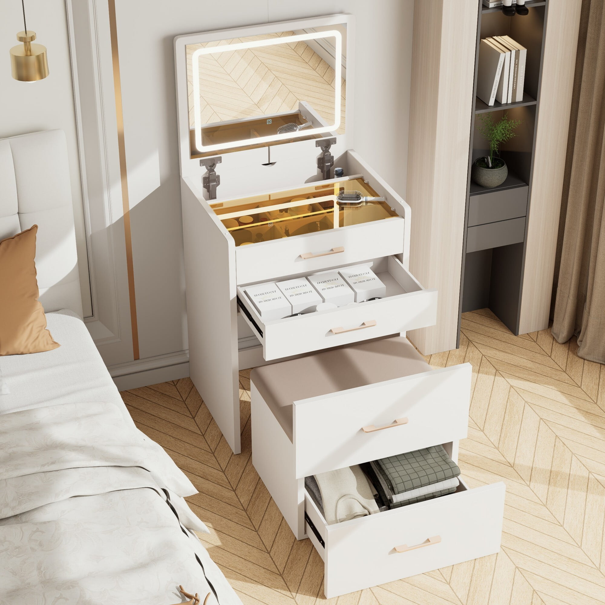 AENKYO 3-in-1 Vanity Table with Lighted Mirror, Charging Station, Glass ...