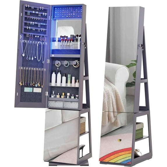 AENKYO 360° Rotating Full-Length Mirror Jewelry Cabinet Armoire with ...