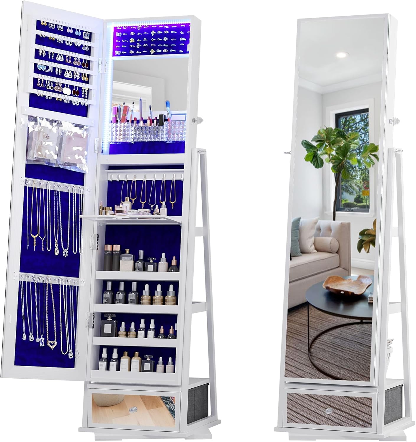 AENKYO 360 Rotating Jewelry Armoire, Lockable Mirror Cabinet with 3 ...