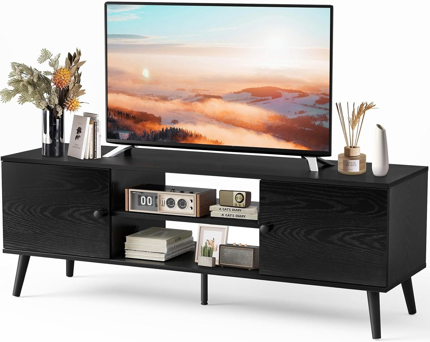AENKYO 60" Modern TV Stand with Storage Cabinet, Hidden Compartment ...