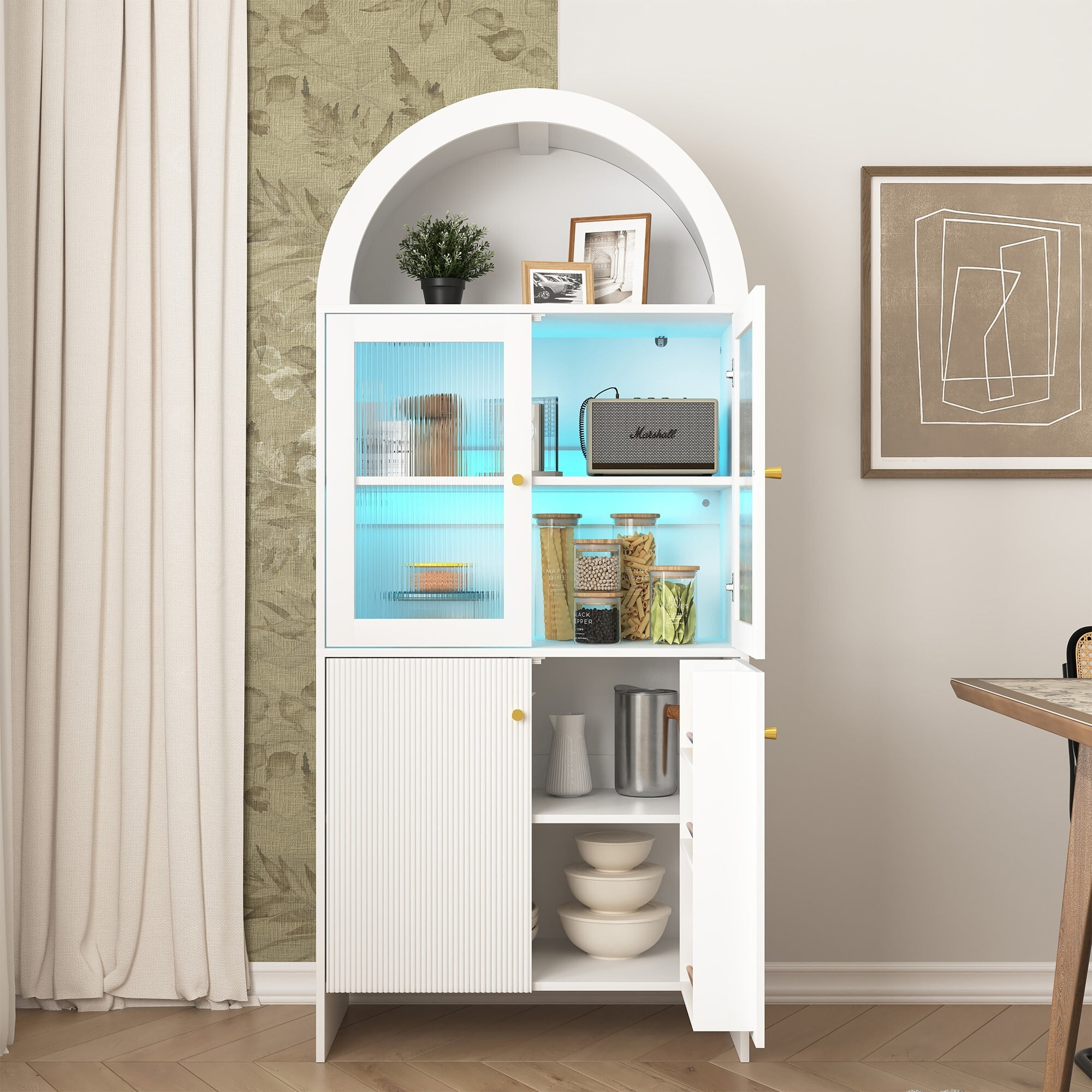 AENKYO 69" Tall Arched Farmhouse Pantry Cabinet with Wavy Acrylic Doors ...