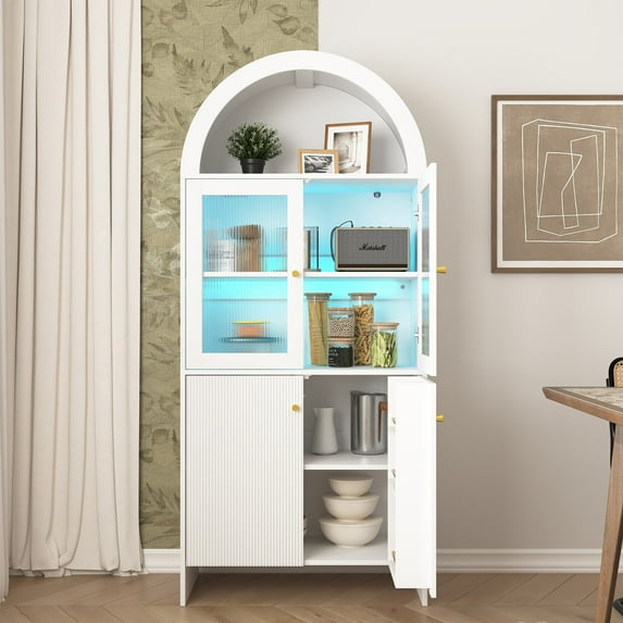 AENKYO 69" Tall Arched Farmhouse Pantry Cabinet with Wavy Acrylic Doors ...