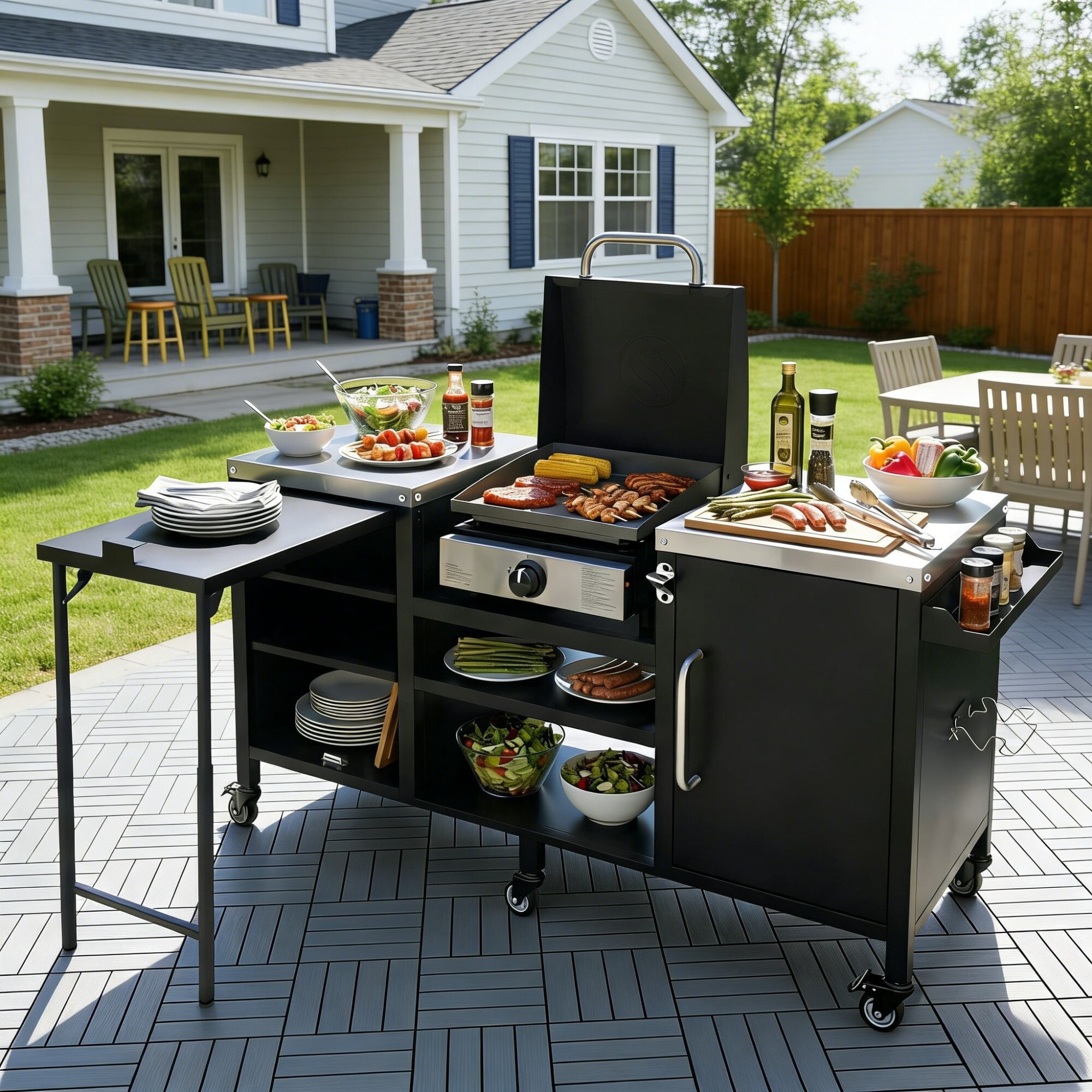 AENKYO 72" Outdoor Grill Cart for Big Green Egg, Metal BBQ Kitchen ...