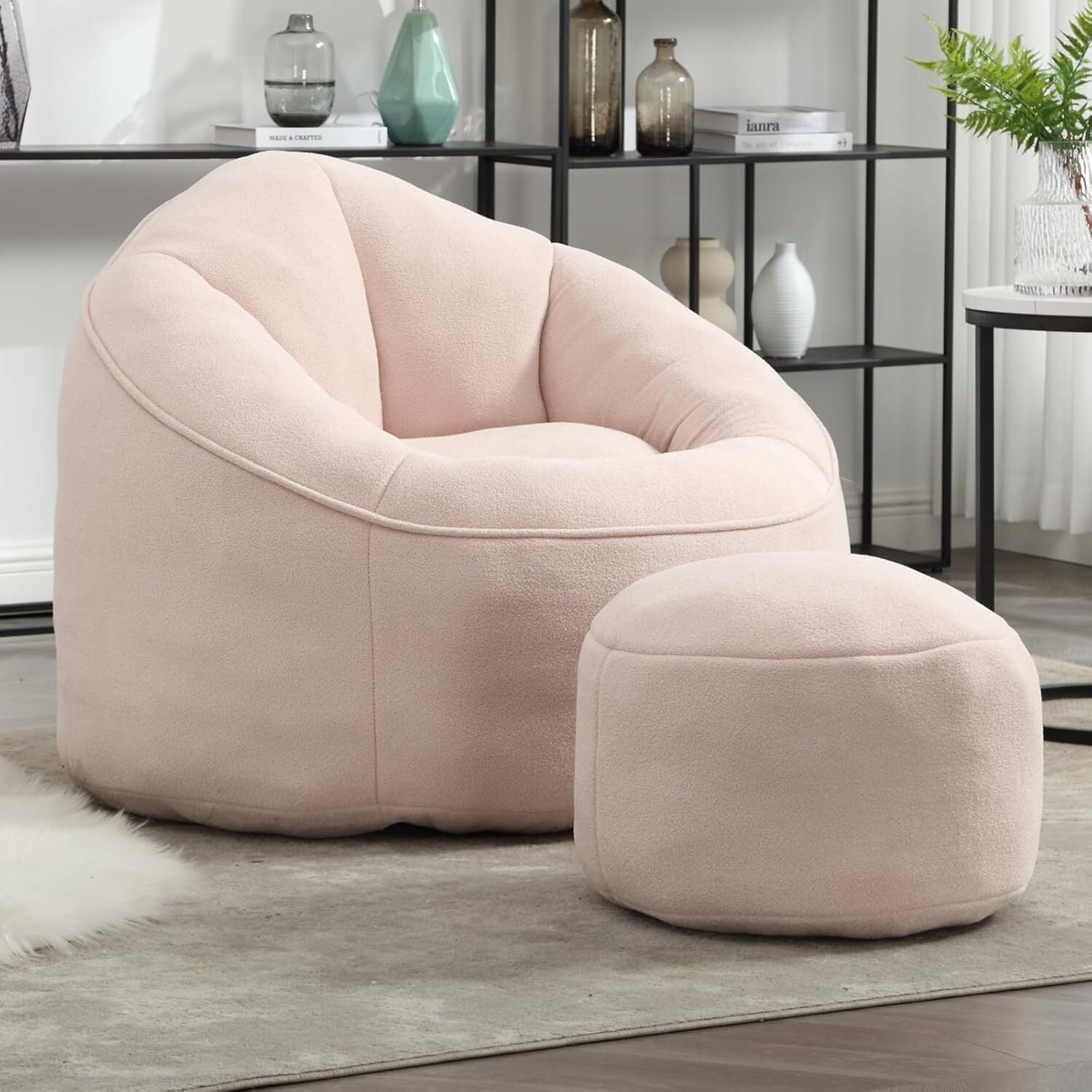 AENKYO Bean Bag Chair Shell-Shaped with Footstool, Memory Foam ...