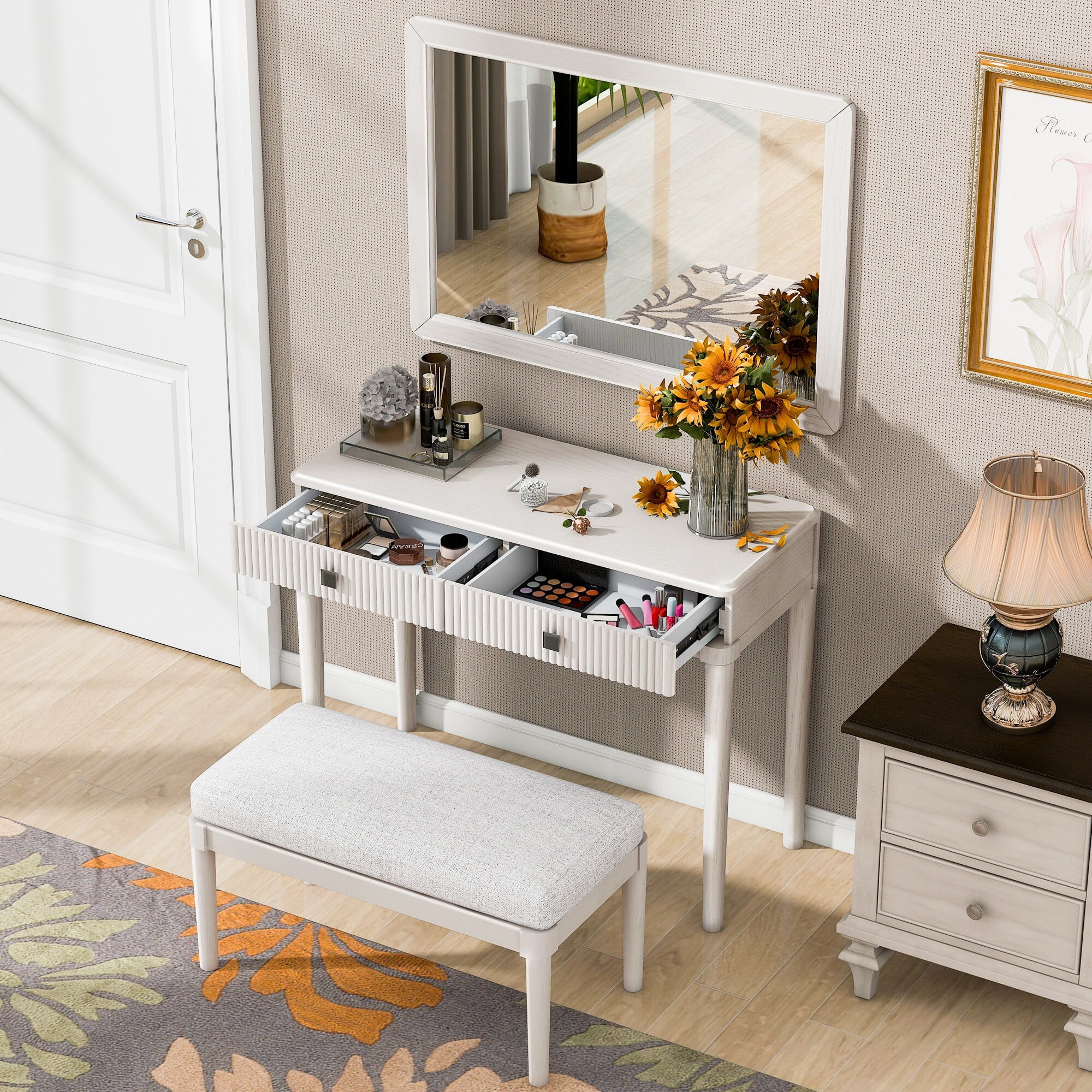 AENKYO Classic Vanity Desk Set with Big Mirror & Bench - Versatile ...