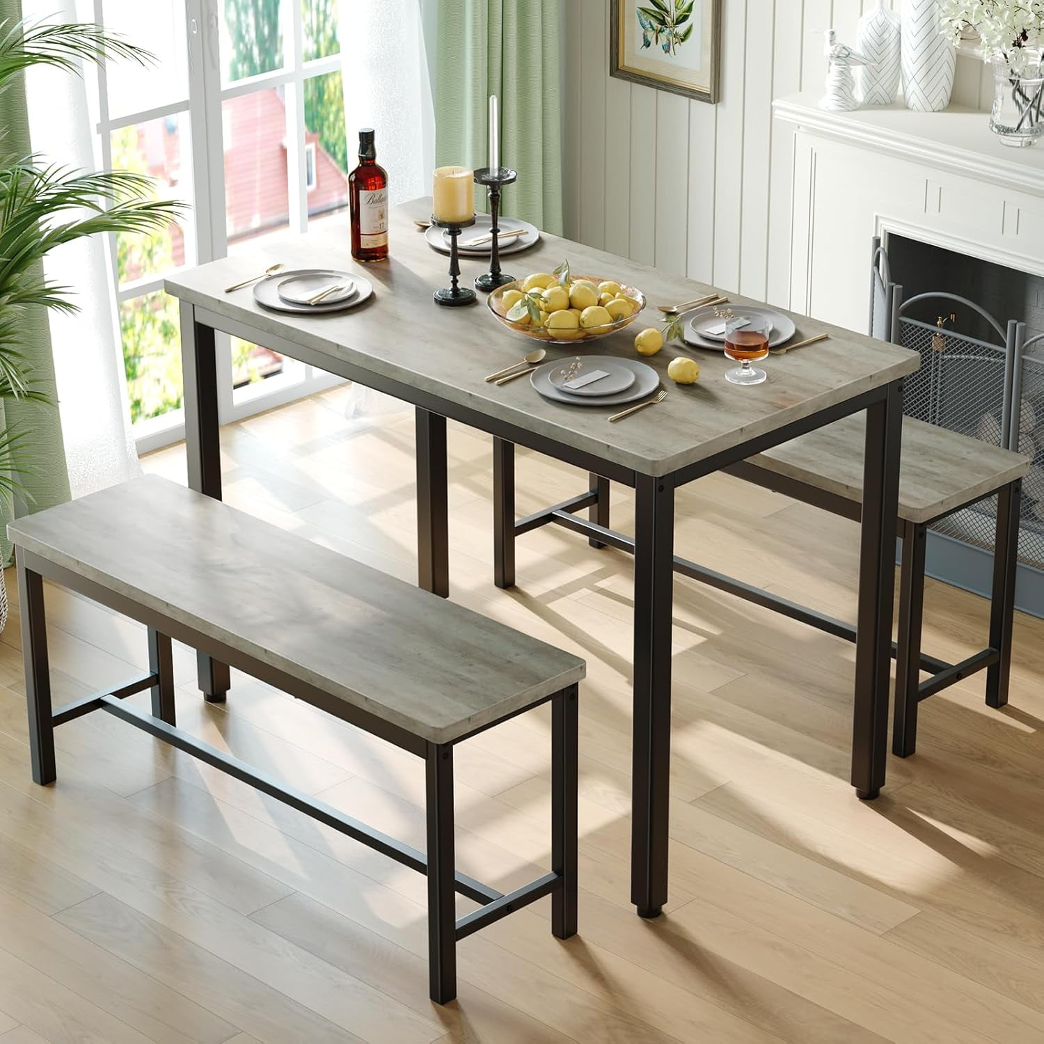 AENKYO Dining Table Set for 4, 3-Piece Kitchen Table with 2 Benches ...