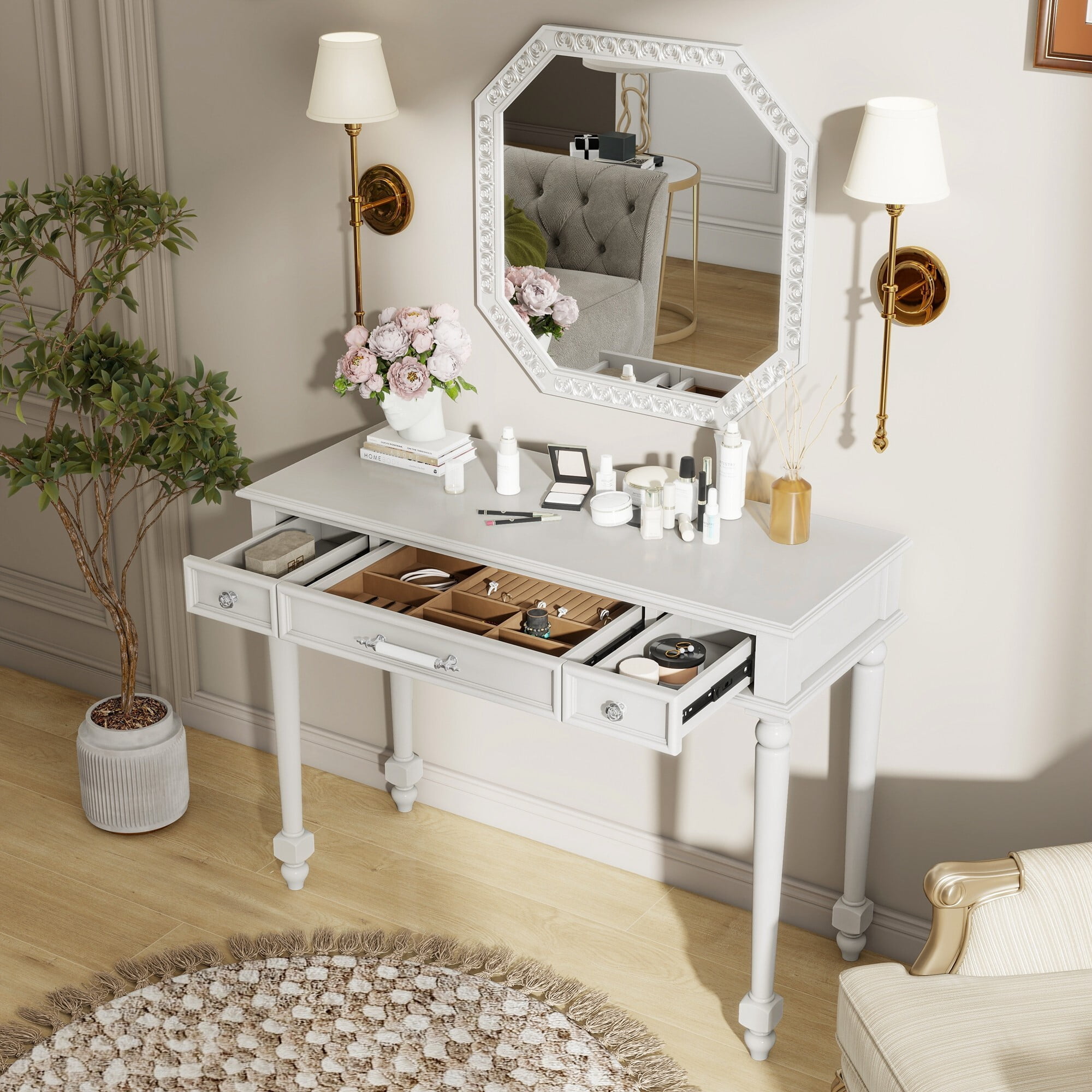 AENKYO Distressed White Vanity Desk with Octagon Mirror & Drawers ...
