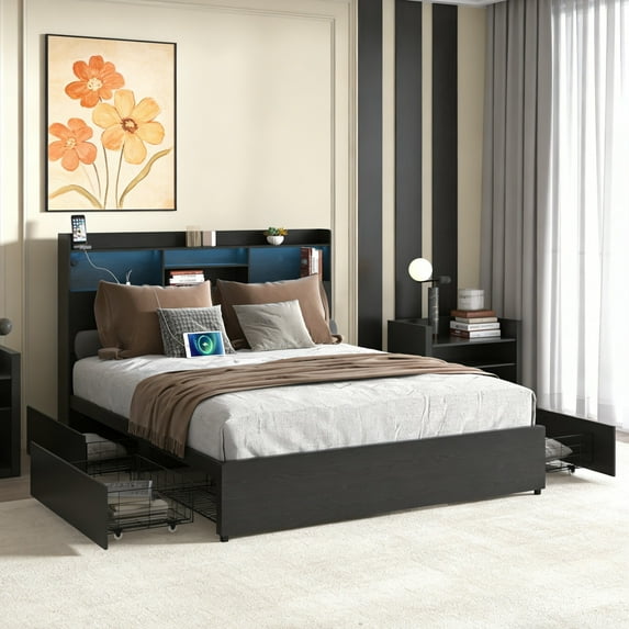 AENKYO Full Size Bed Frame with 4 Storage Drawers & LED Lights ...