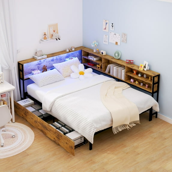 AENKYO Full Size Corner Bed Frame with Charging Station, Smart LED ...