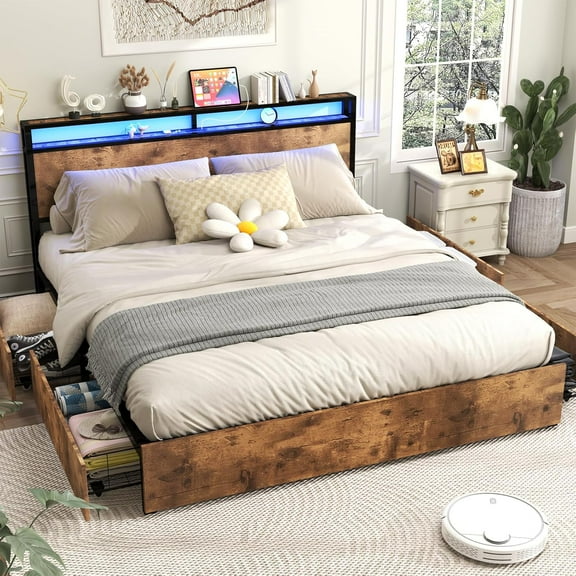 Brown and Gray King Size Bed Frame - Storage Headboard, 4 Drawers & LED ...