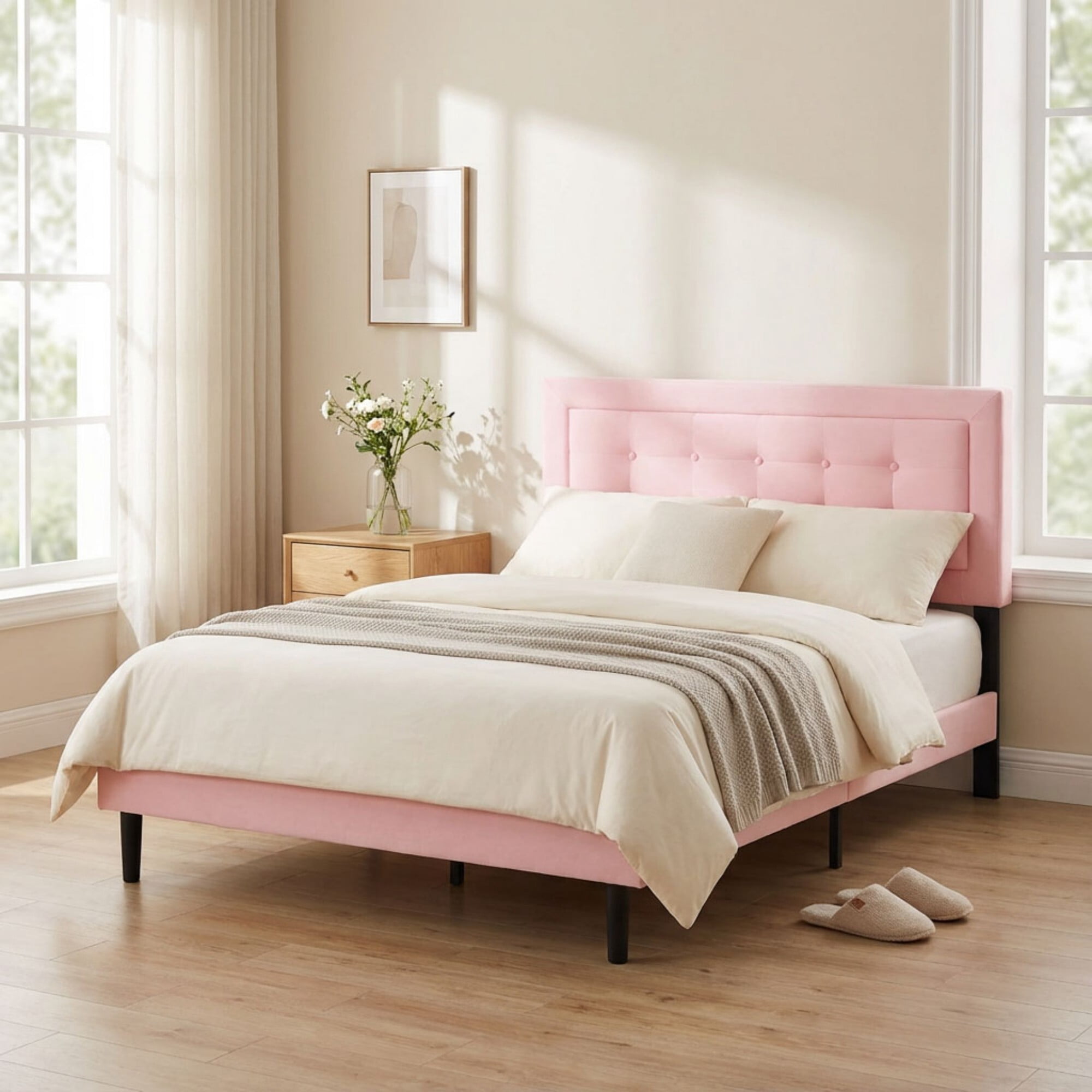 AENKYO Modern Queen Size Upholstered Platform Bed Frame with Velvet ...