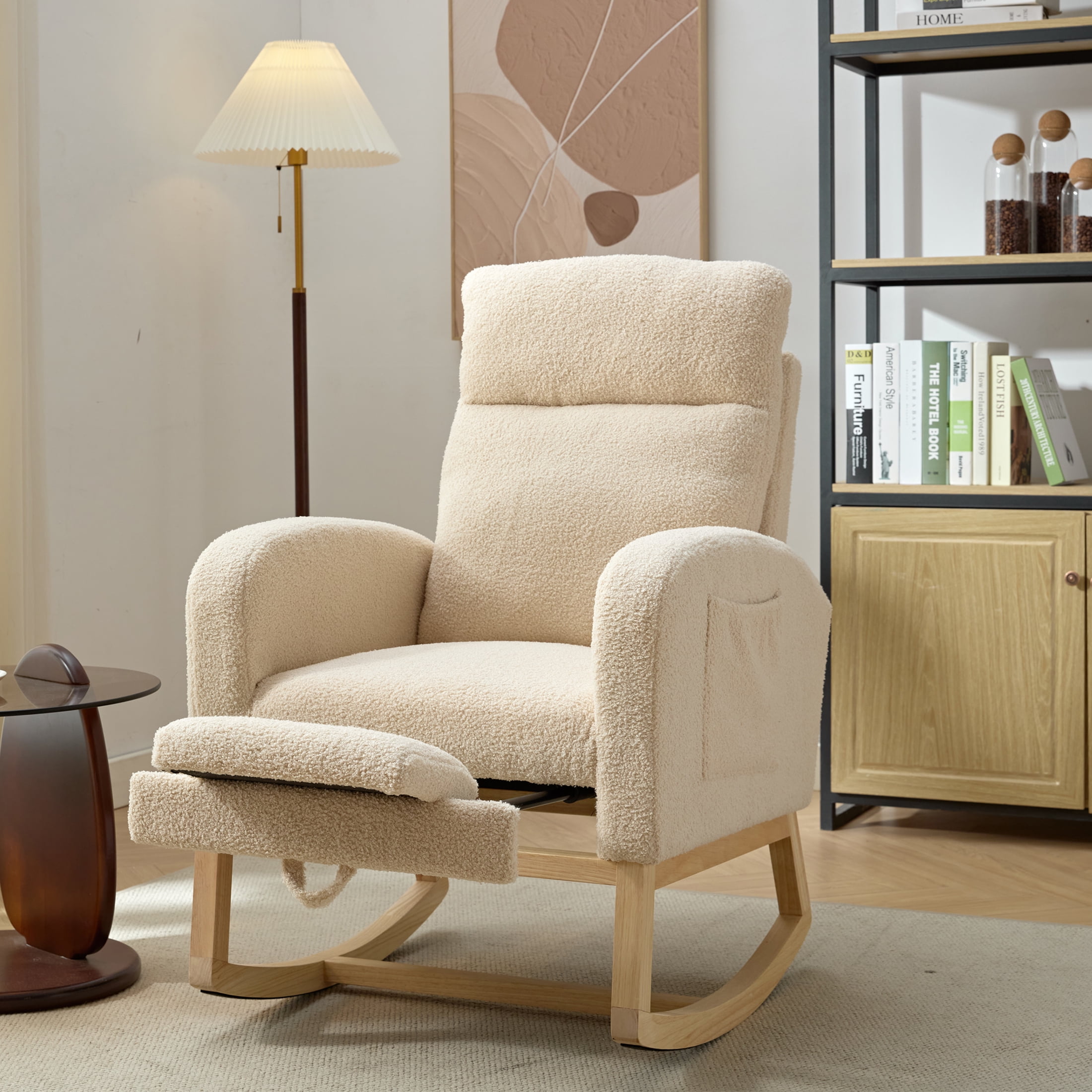 AENKYO Modern Teddy Rocking Chair with Solid Wood Legs, Upholstered ...