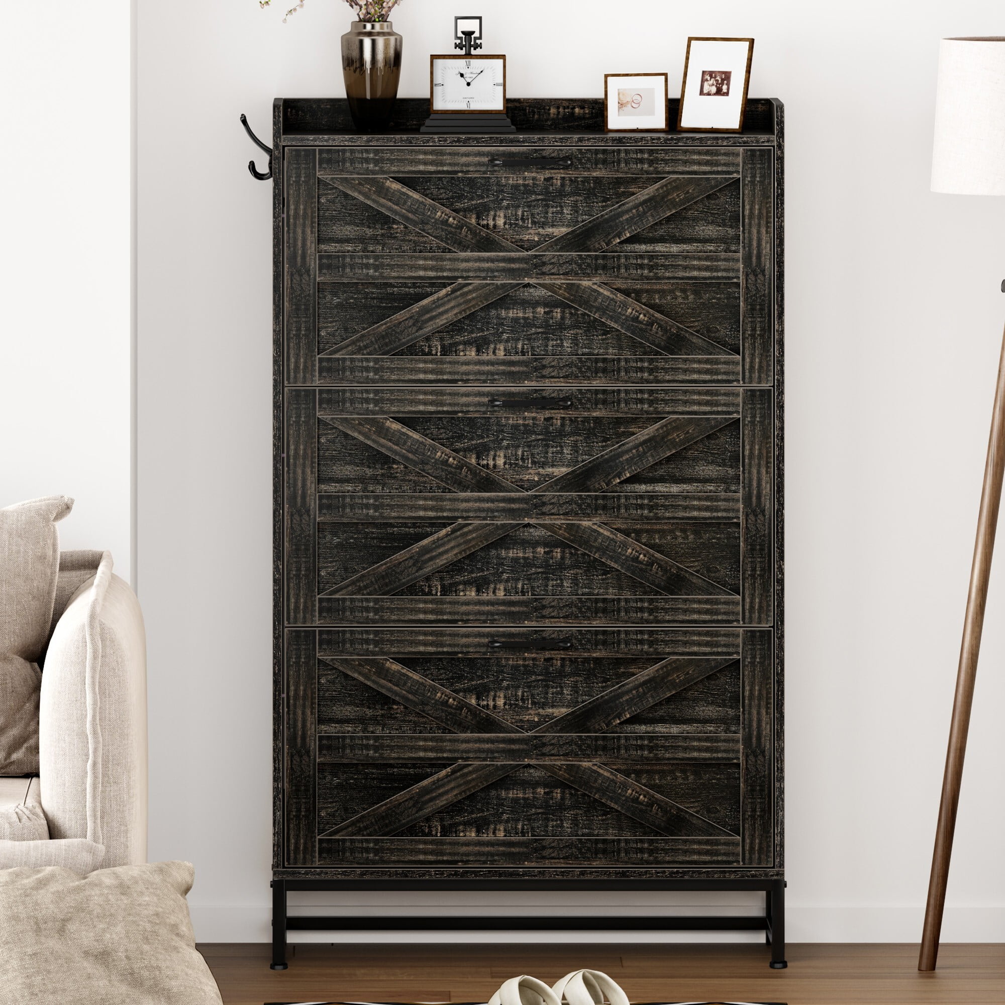 AENKYO Narrow Rustic Shoe Cabinet with Flip Drawers, 3-Tier Entryway ...