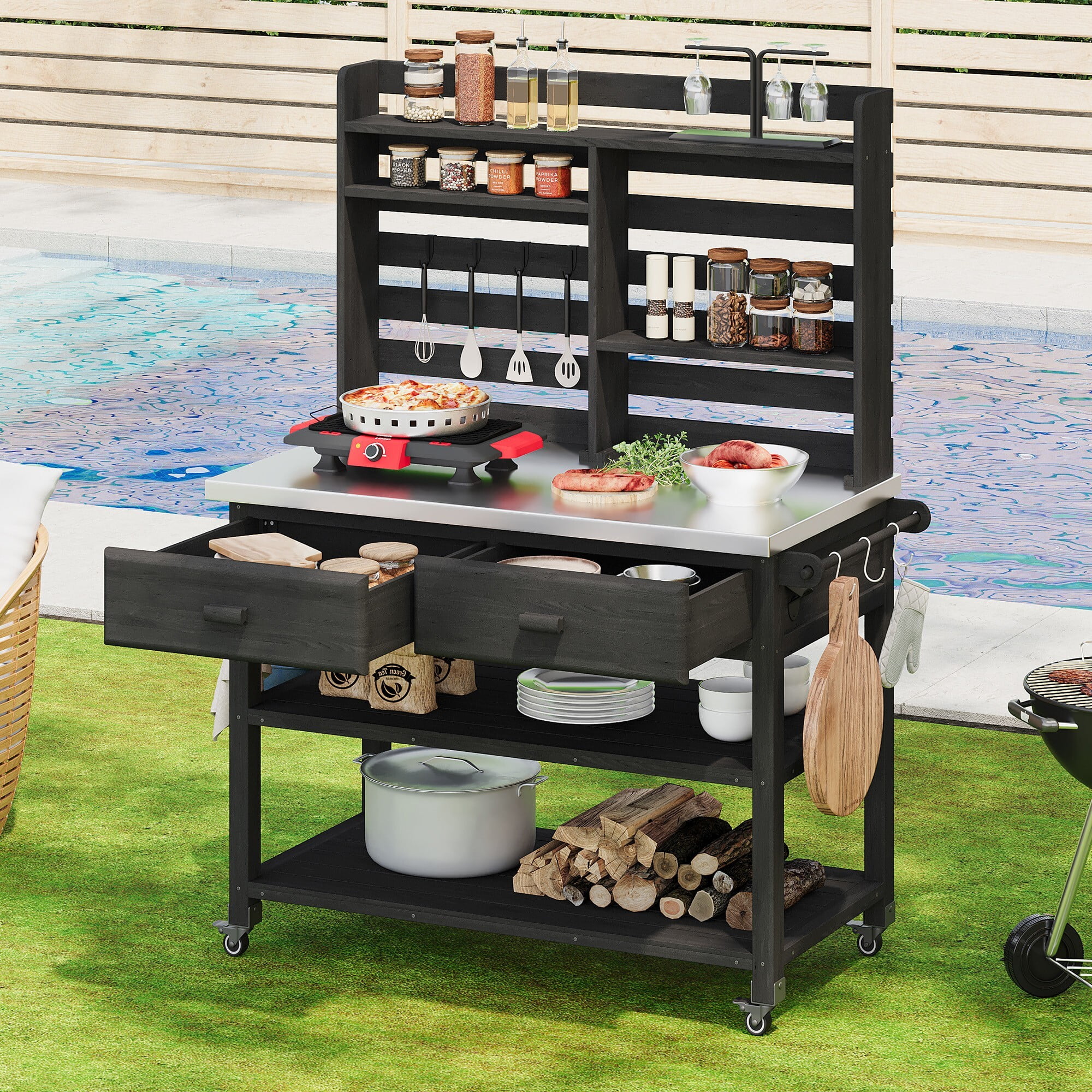 AENKYO Potting Bench with Stainless Steel Tabletop, Outdoor Kitchen ...