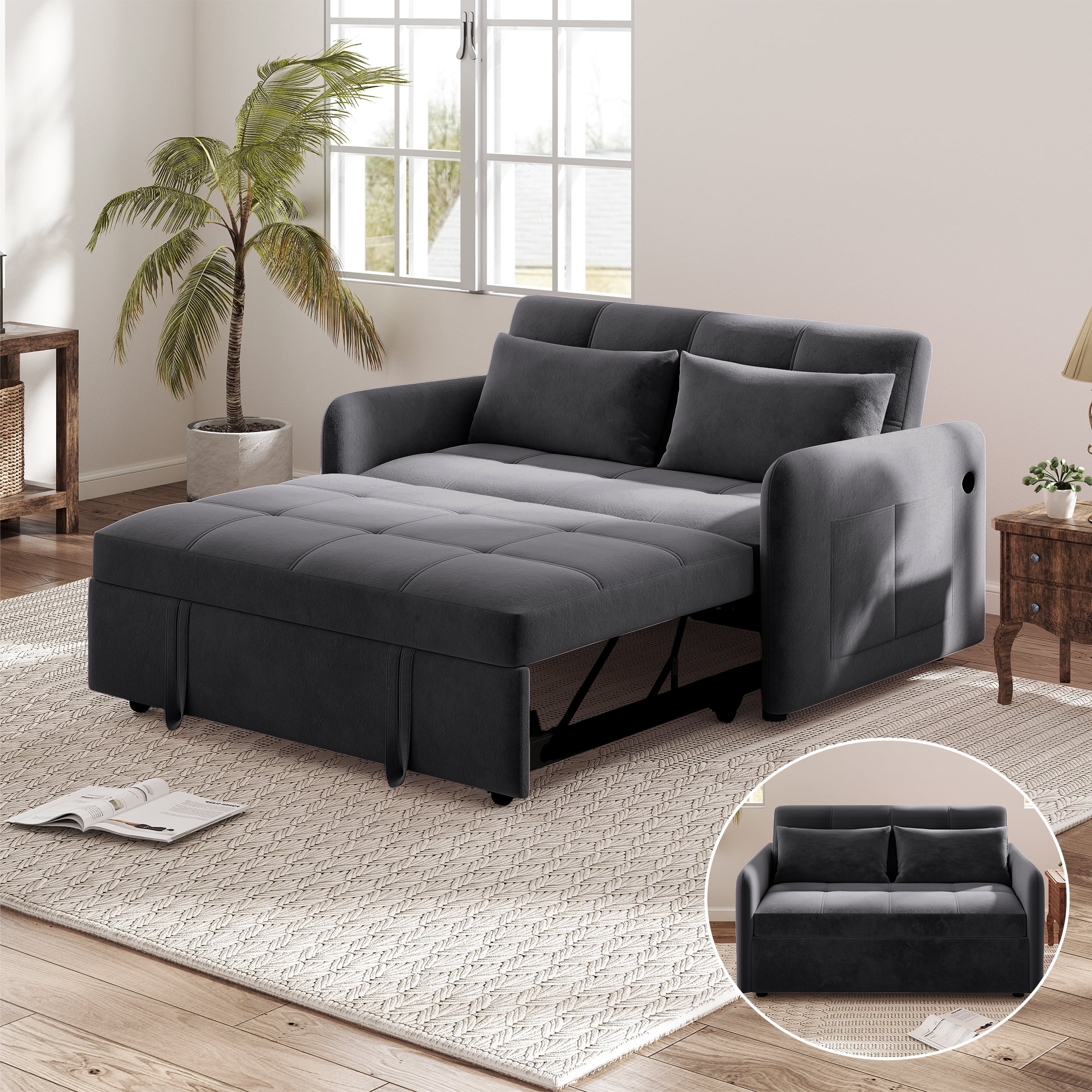 AENKYO Pull Out Sleeper Loveseat Sofa Bed 3-in-1 w/ USB Ports ...