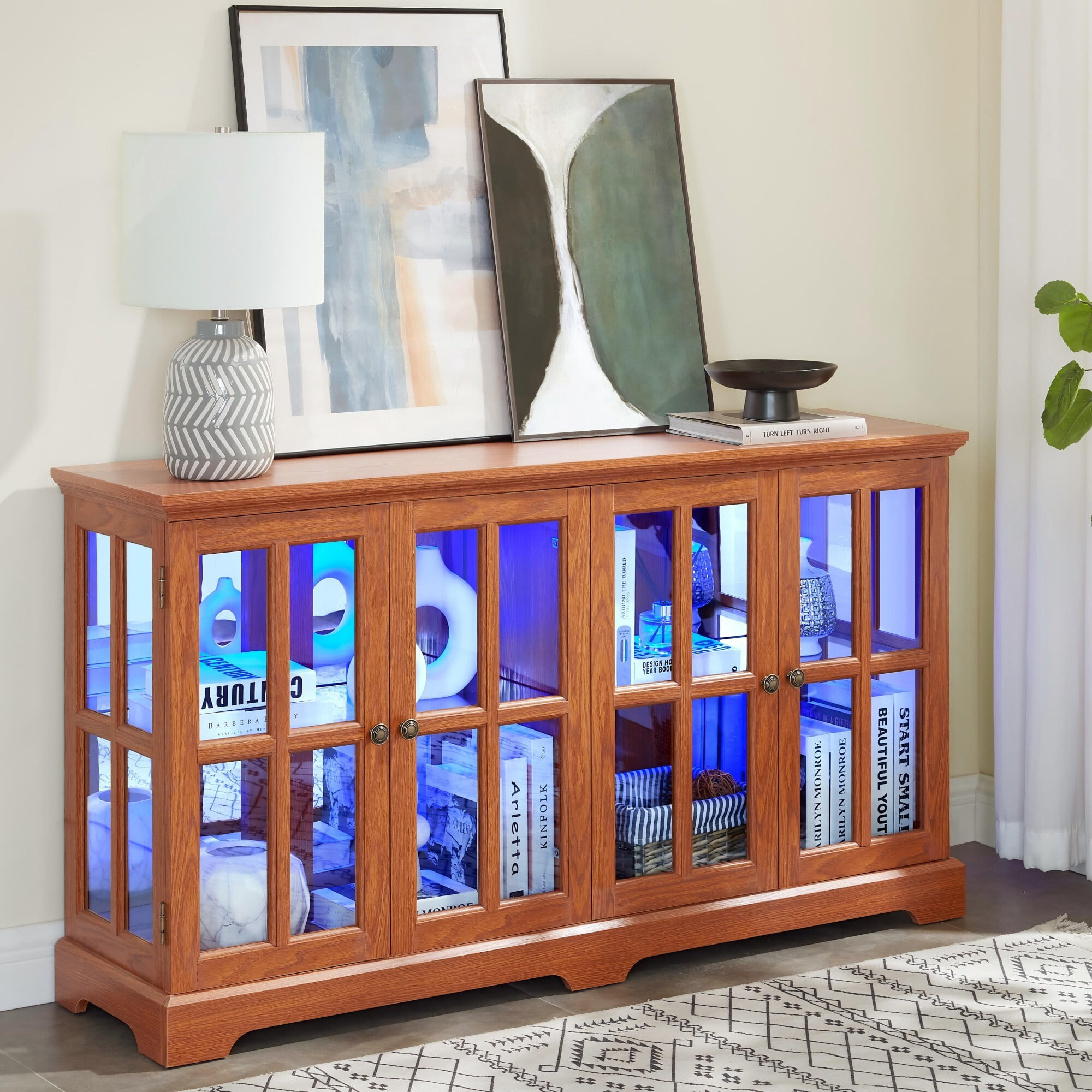 AENKYO Retro LED Glass Display Cabinet with Adjustable Shelves, Vintage ...