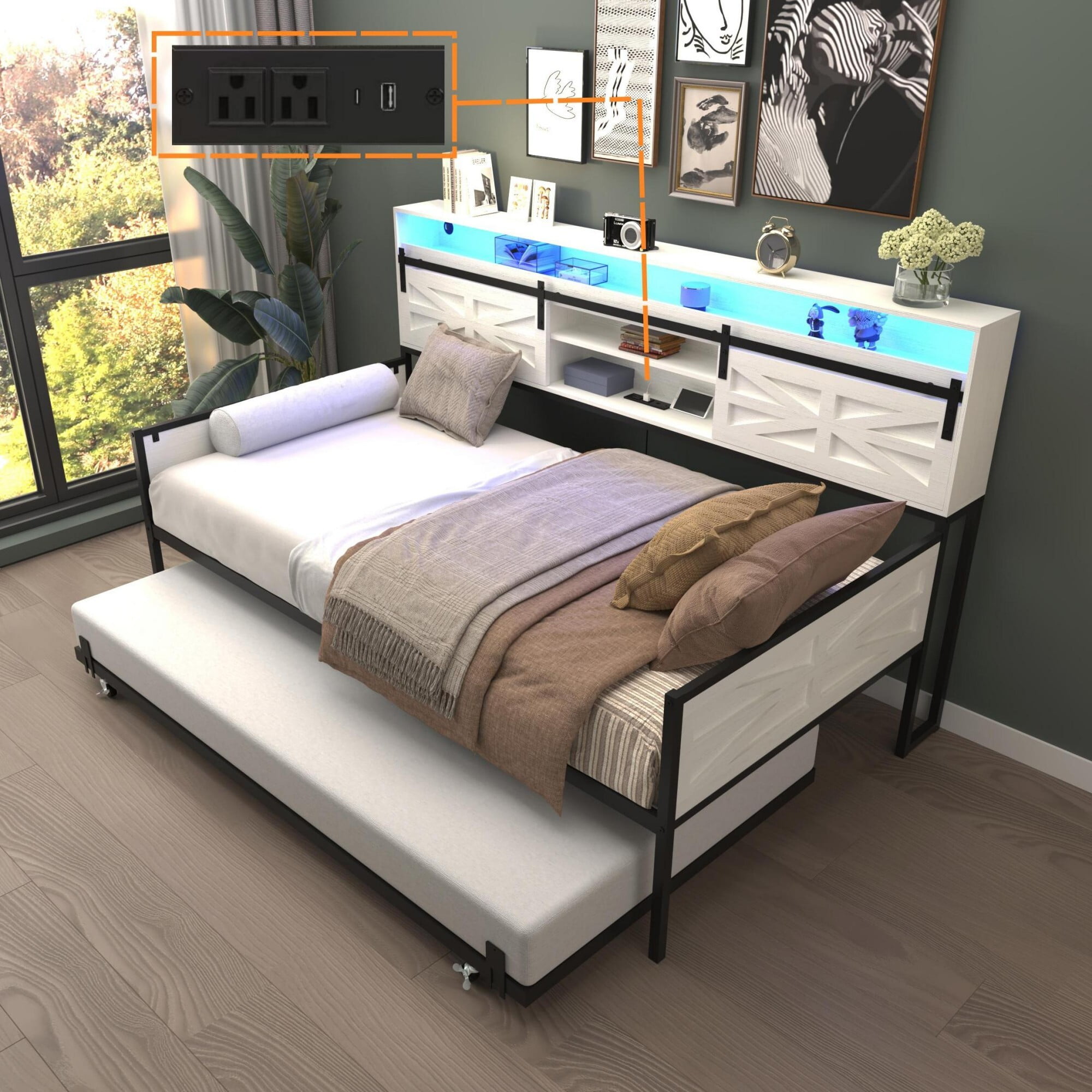 AENKYO Twin Daybed with Trundle, Charging Station, LED Lights, Storage ...