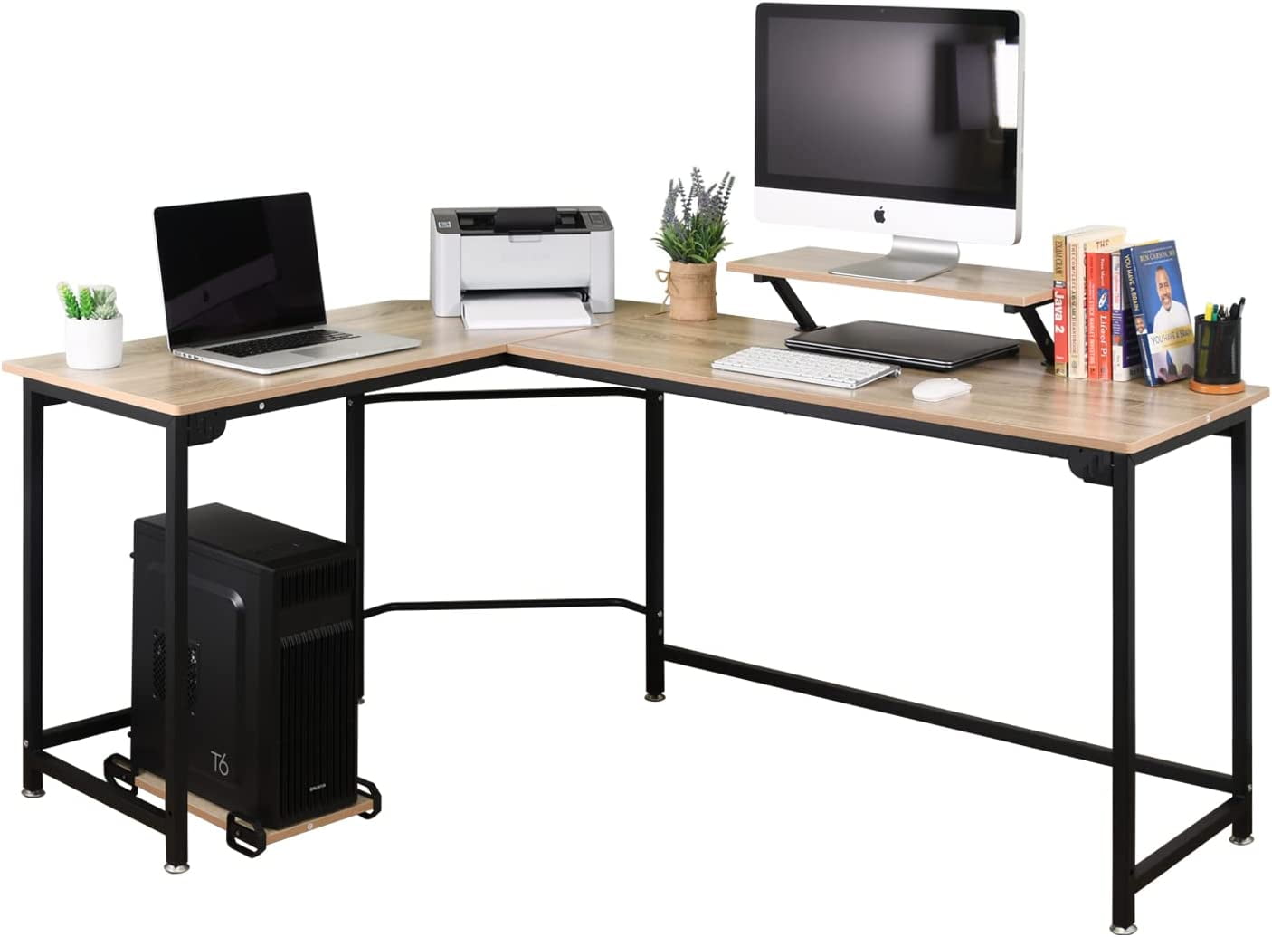 AEONS L-Shaped Computer Study Corner Desk with Monitor Stand Shelf CPU ...