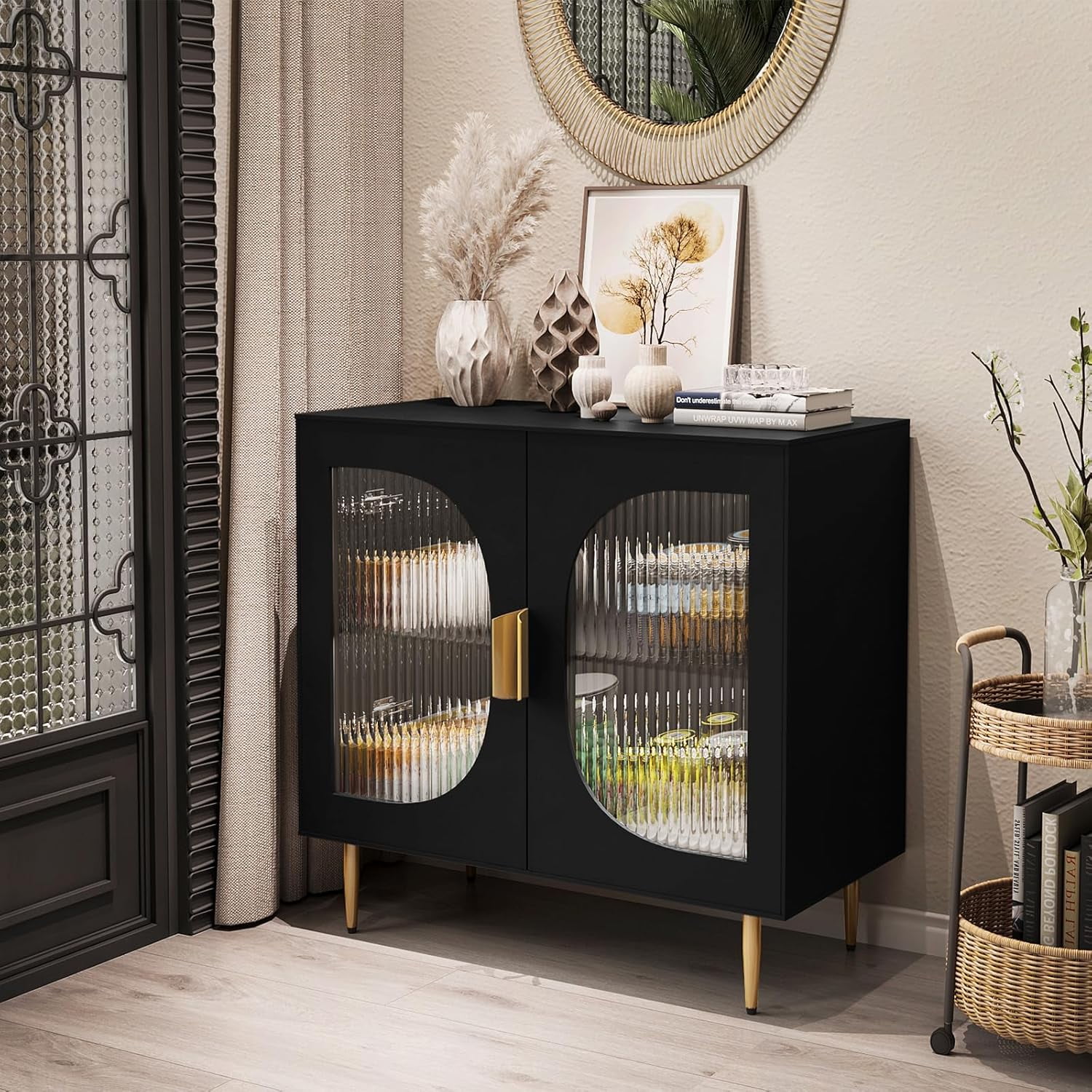 AERPOWER Accent Cabinet with 2 Glass Doors, Wood Sideboard Buffet ...